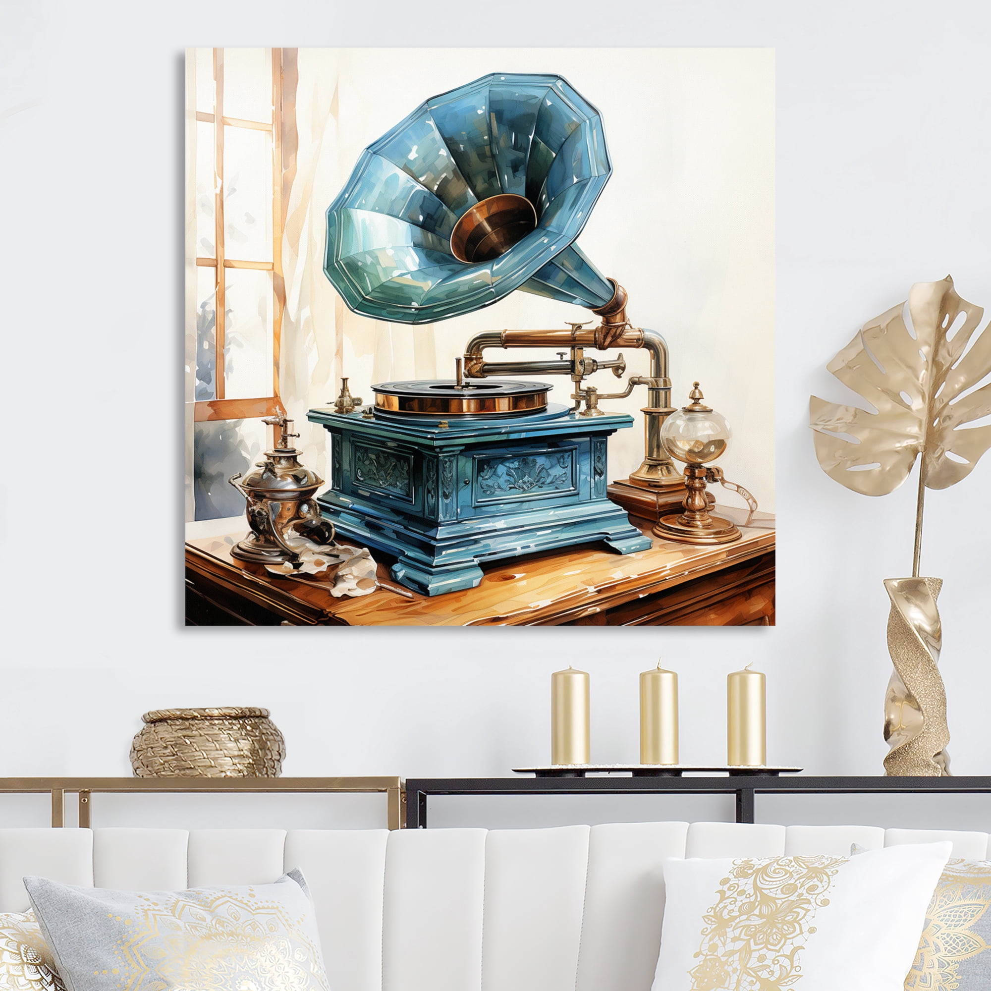 Designart "Nostalgic Tunes of Blue Phonographs" Music Metal Wall Art ...