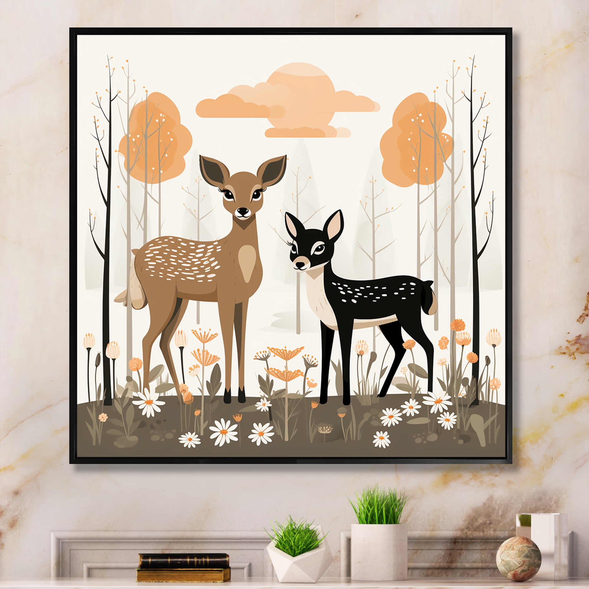 Designart "Nursery Art with Deer Family" Animals Framed Wall Art ...