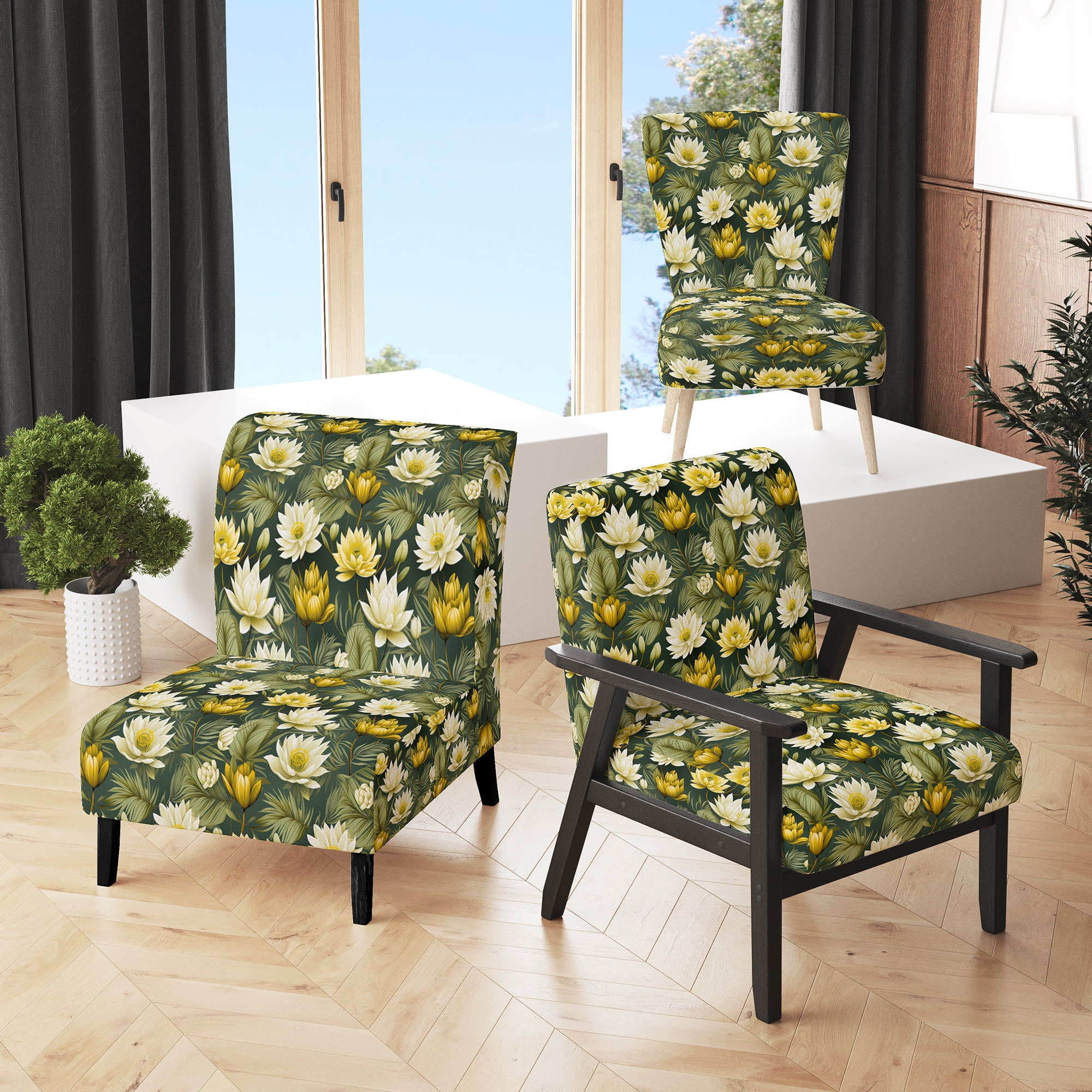 Designart "Oasis Of White And Green Peonies" White Floral Upholstered ...
