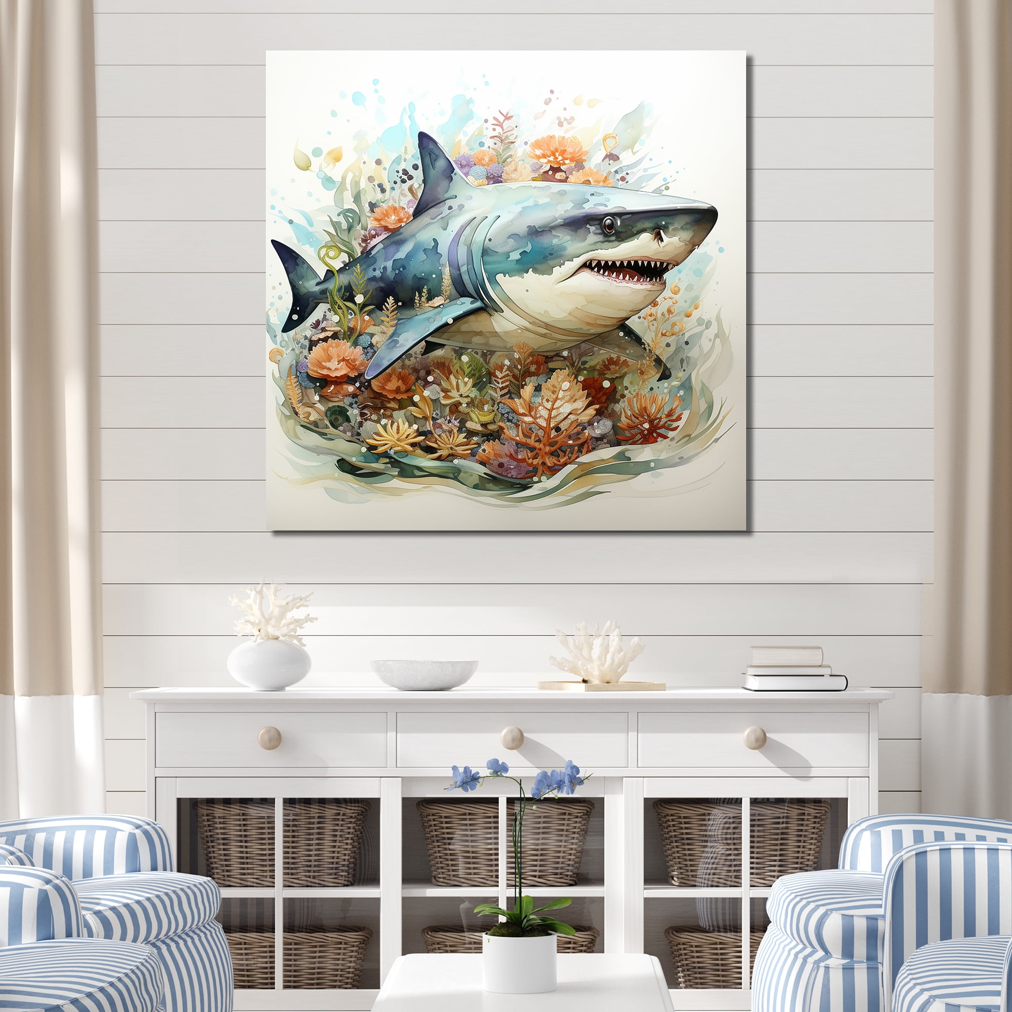 Designart "Ocean Blooms with Curious Shark I" Animals Wall Art - Modern ...
