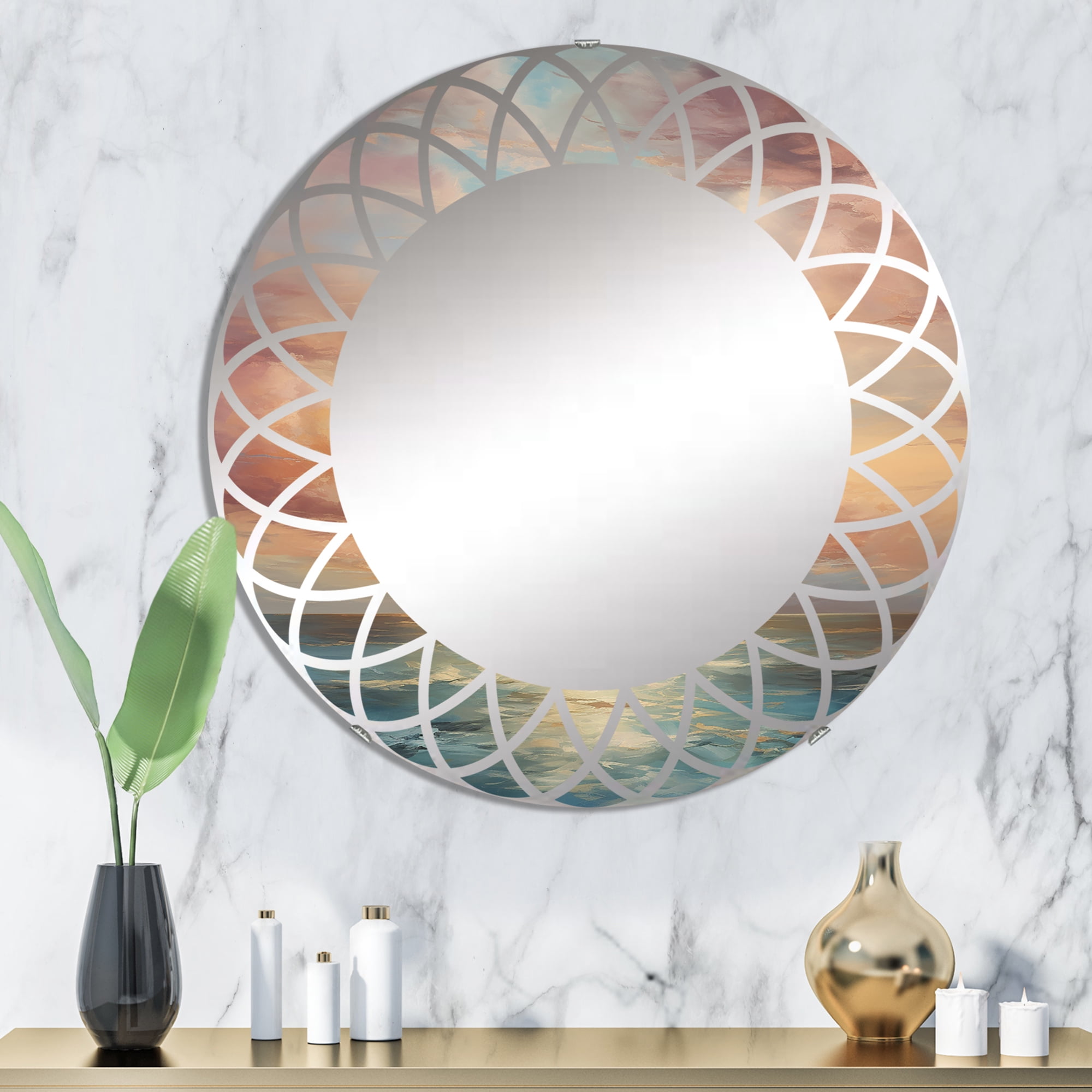 Designart "Ocean Sunset Celestial Euphony" Landscapes Round Wall Mirror ...