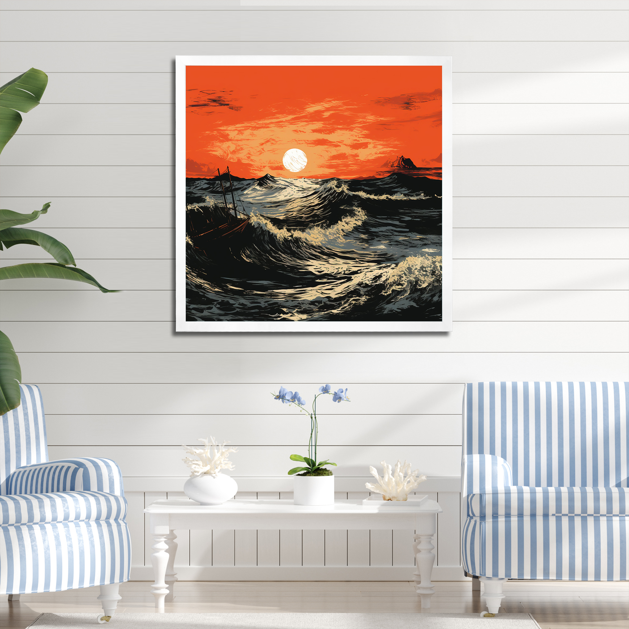 Designart "Ocean Waves in Tangerine Skies IV" Coastal Framed Wall Art ...
