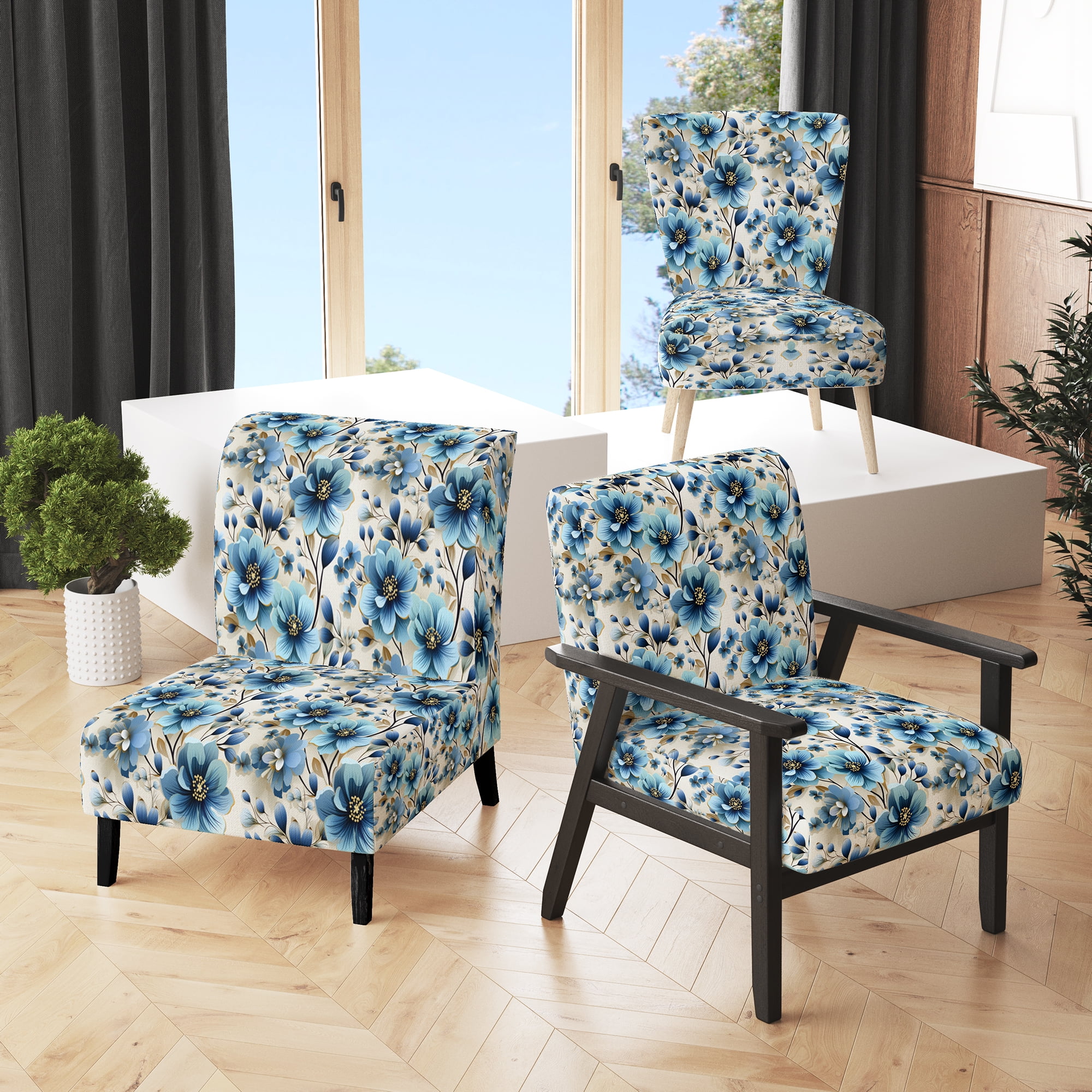 Designart "Oceanic Blue Floral Refinement" Blue Floral Upholstered ...