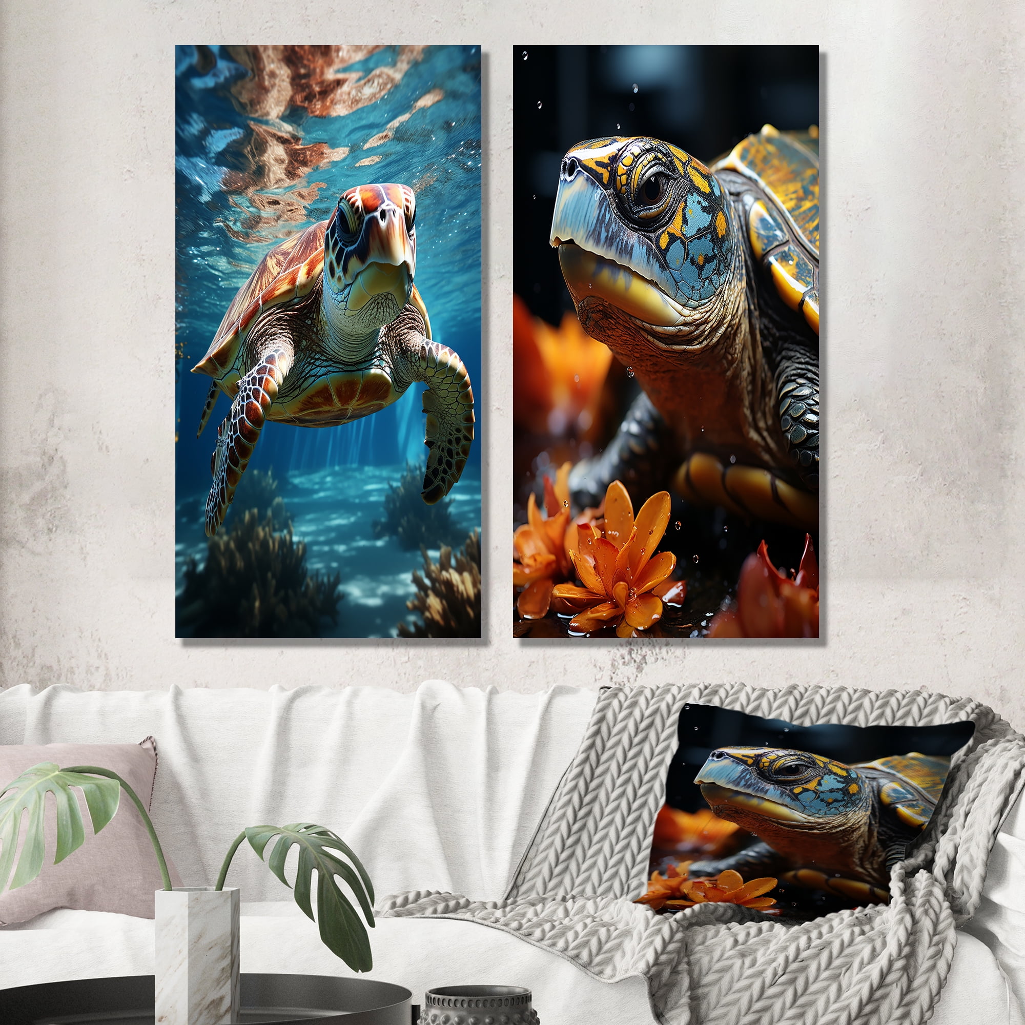 Designart "Oceanic Gentle Voyager" Turtle Wall Art Set Of 2 - Teal ...