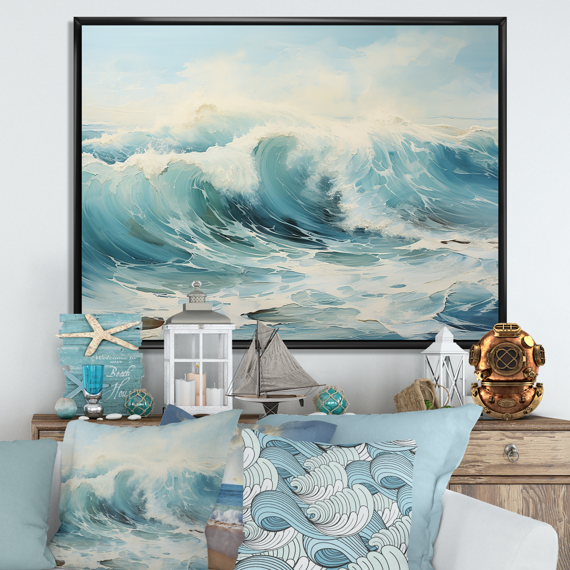 Designart "Oceanic Storm In Watercolor" Coastal Ocean Floater Framed ...