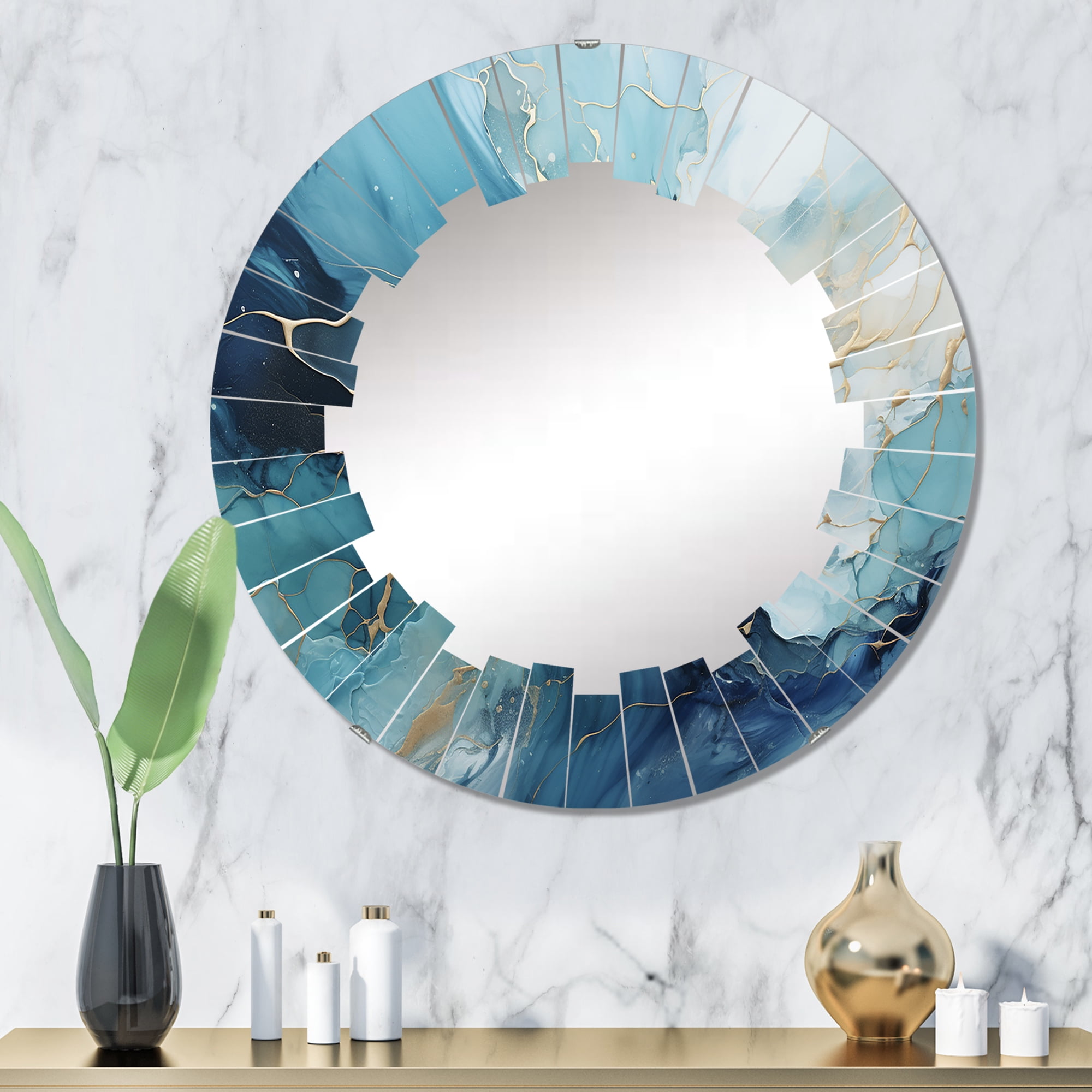 Designart "Oceanic composition I" Abstract Collages Round Wall Mirror ...