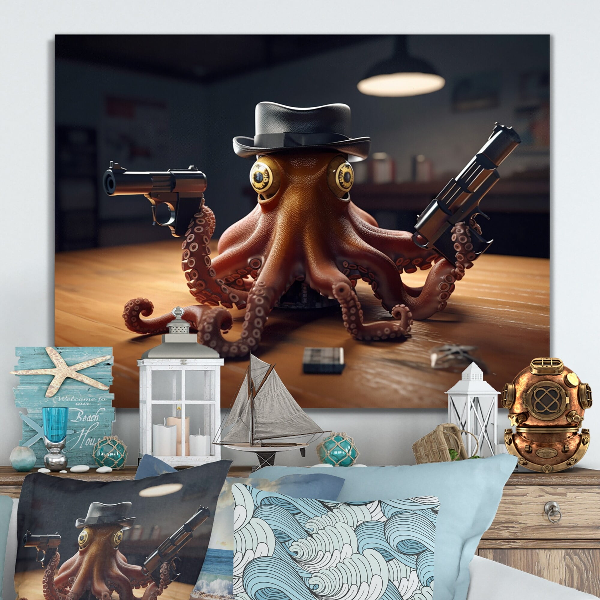 Designart "Octopus Mobster with a Hat" Animal Octopus Metal Art Living ...