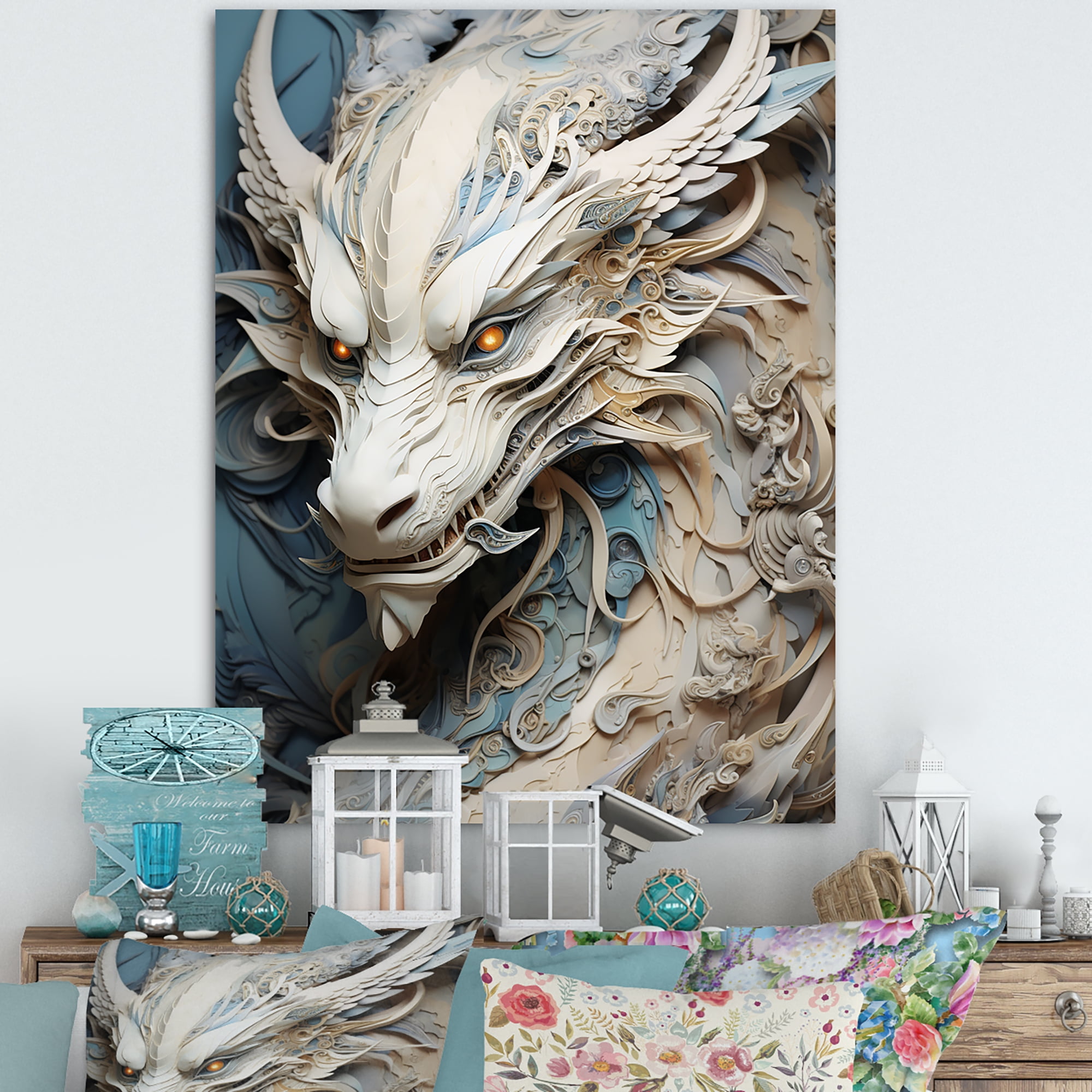 Designart "Odyssey Of Blue And Grey Dragon I" Dragons Wall Decor ...