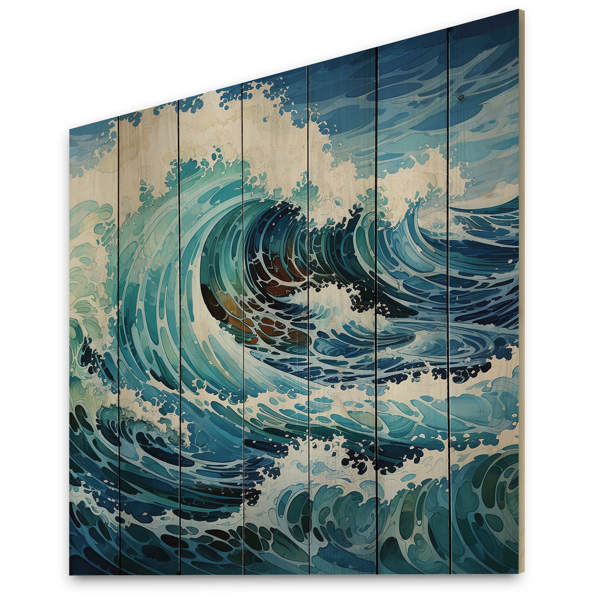Designart "Of Wonder Coastal waves Waves painting VII" Nautical & Beach Print on Natural Pine ...