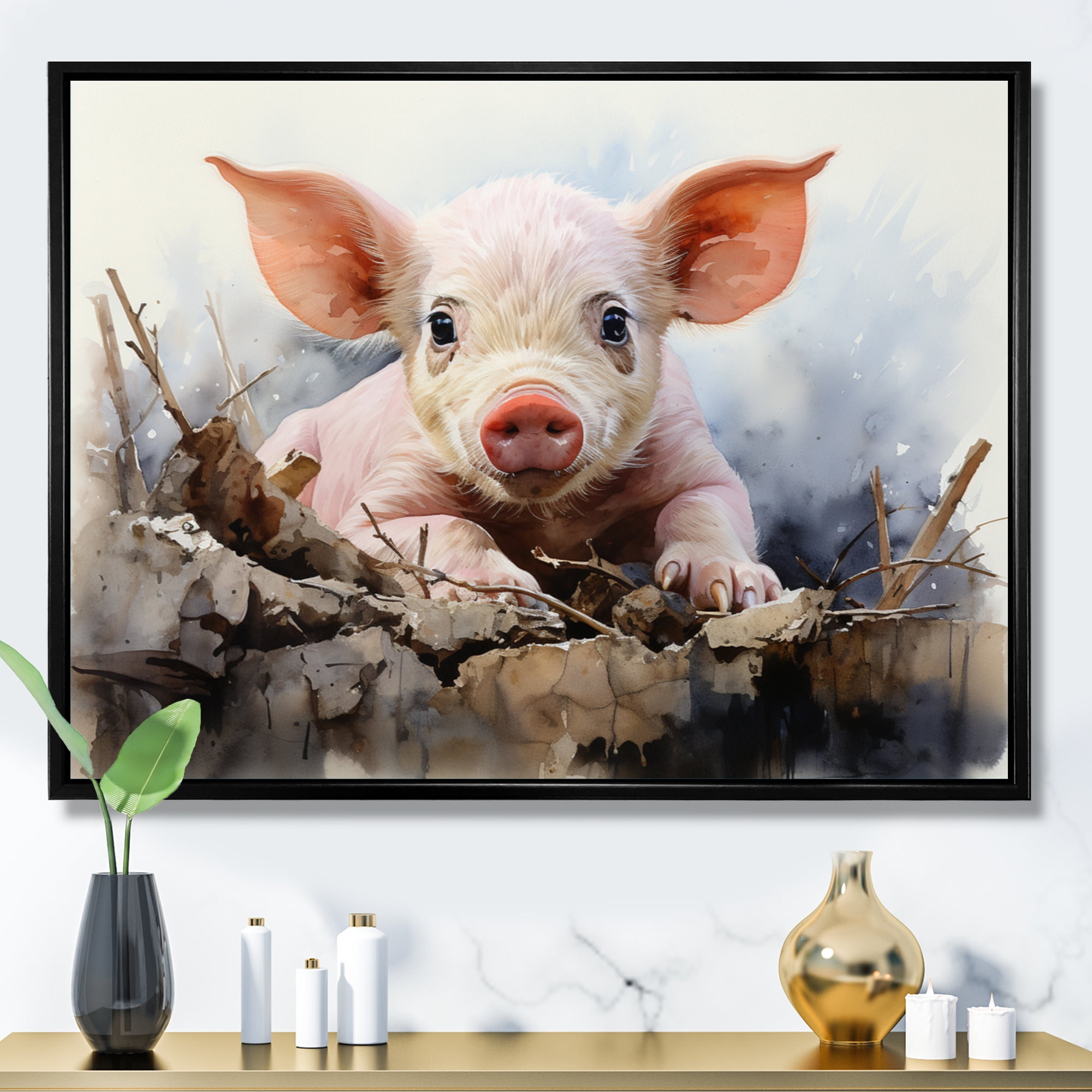 Designart "Oink with Joy Pig Portrait" Animals Floater Framed Canvas ...
