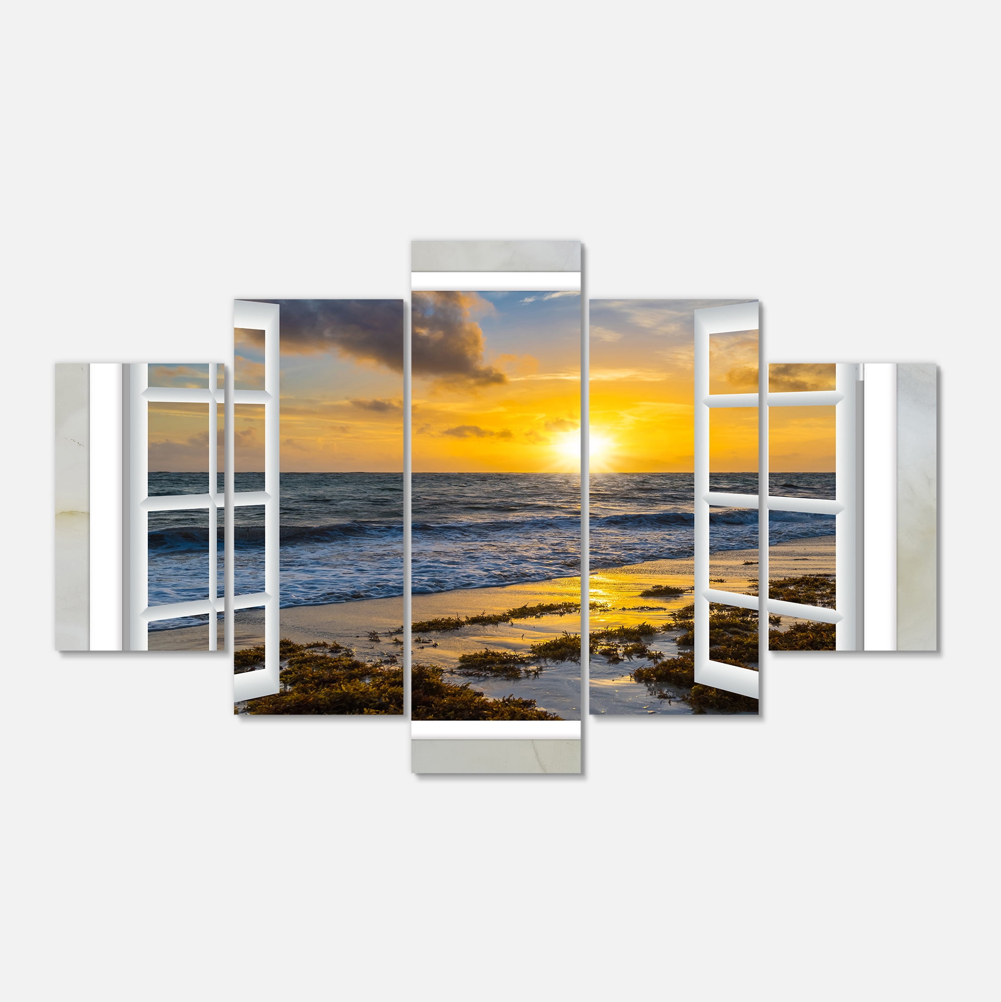 Designart 'Open Window to Bright Yellow Sunset ' Modern Seascape Canvas ...