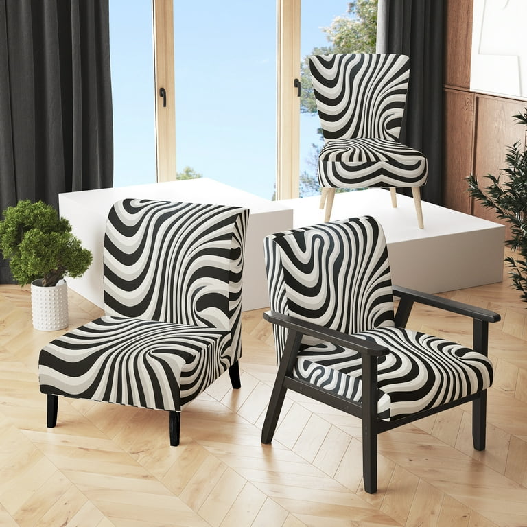Designart Optical Art Dreaming Black and White Black Stripe Upholstered Accent Chair Modern Arm Chair for Living Room Size Side Chair