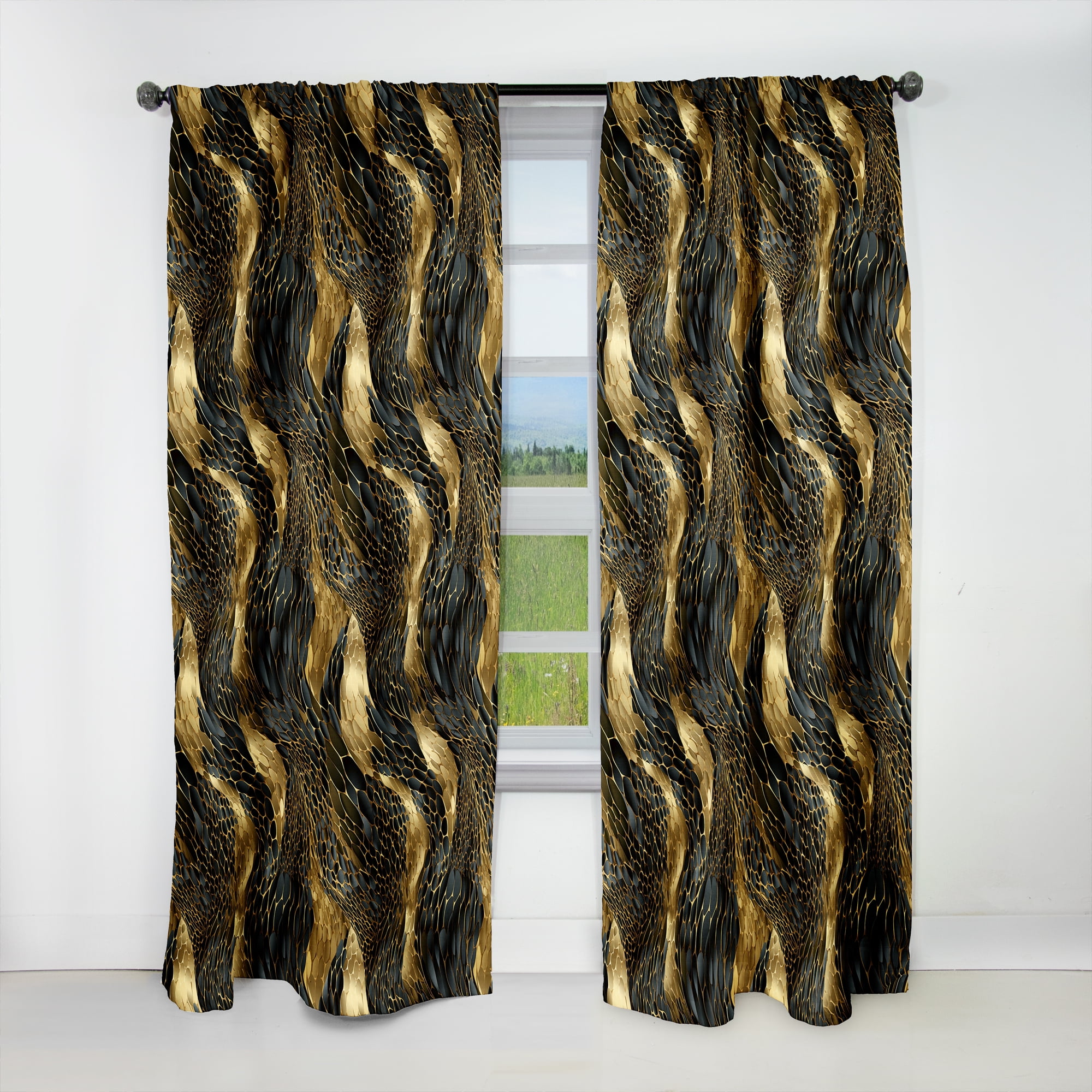 Designart "Opulent Black And Gold Gilding" Marble Blackout Curtain ...