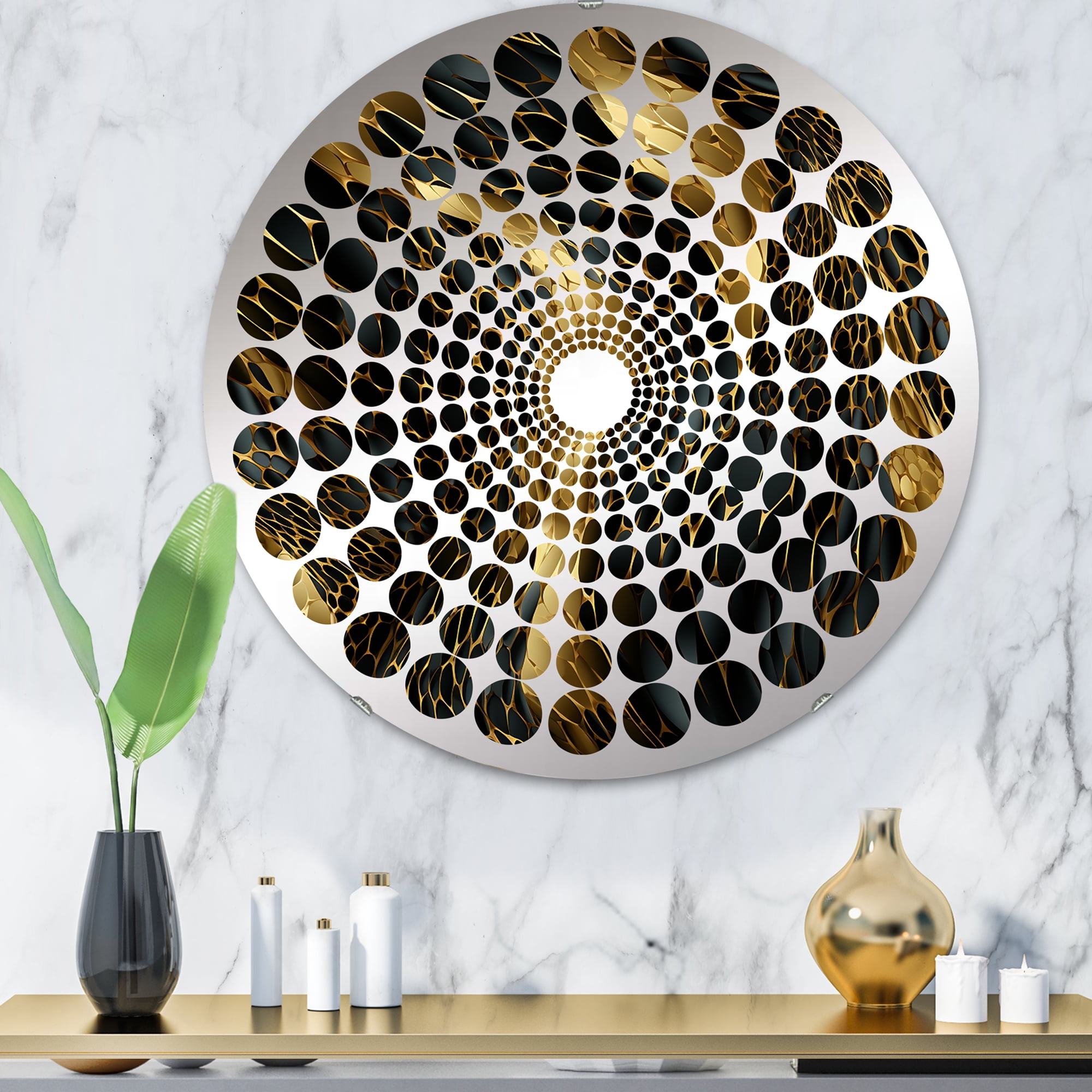 Designart "Opulent Black and Gold Gilding" Marble Radial Dot Round Wall ...