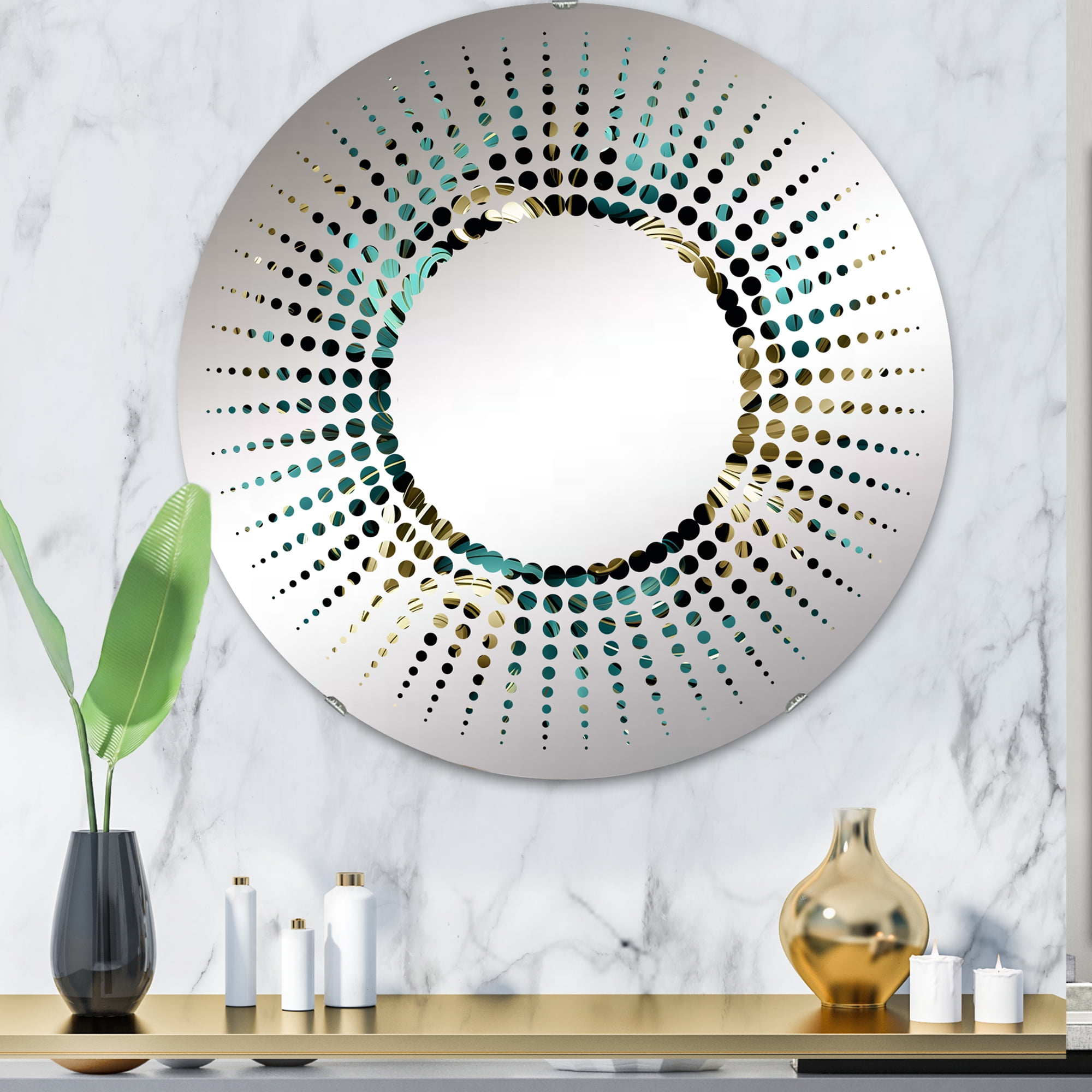 Designart "Opulent Gold and Green Damask Design" Damask Starburst Round ...