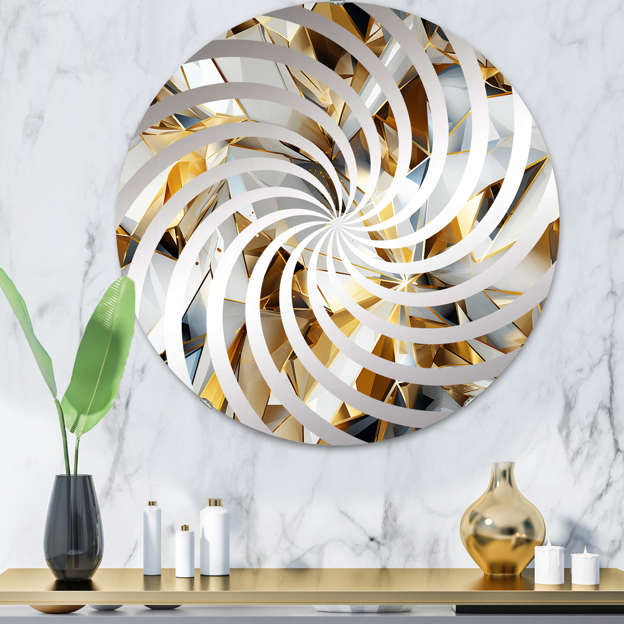 Designart "Opulent Gold and White Marble II" Marble Vortex Round Wall ...