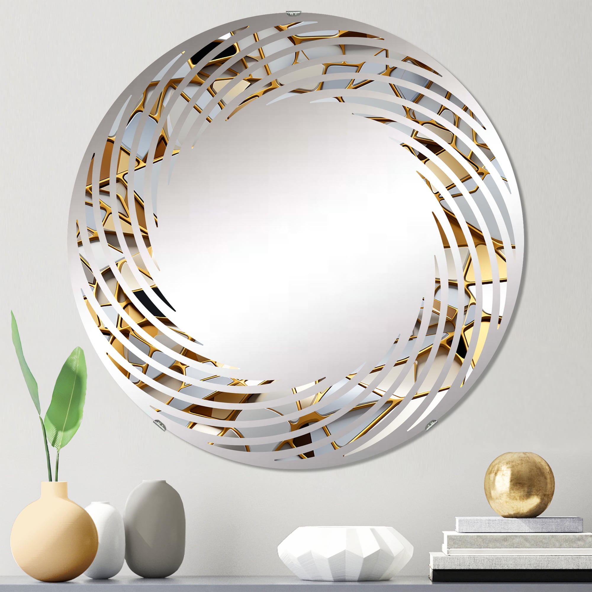 Designart "Opulent Gold and White Marble" Marble Spiral Round Wall ...
