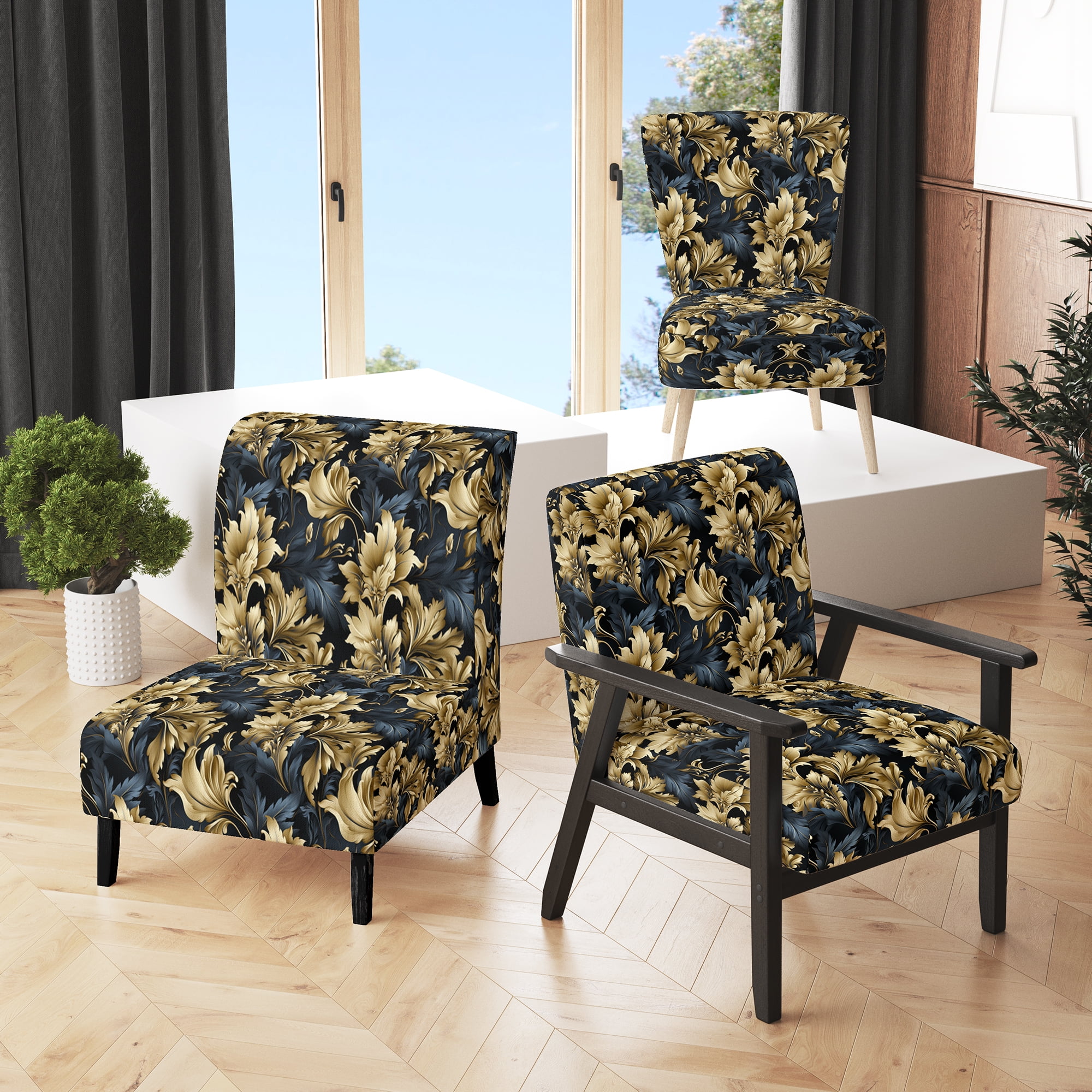 Designart "Opulent Navy Gold Damask II" Gold Damask Upholstered Accent ...