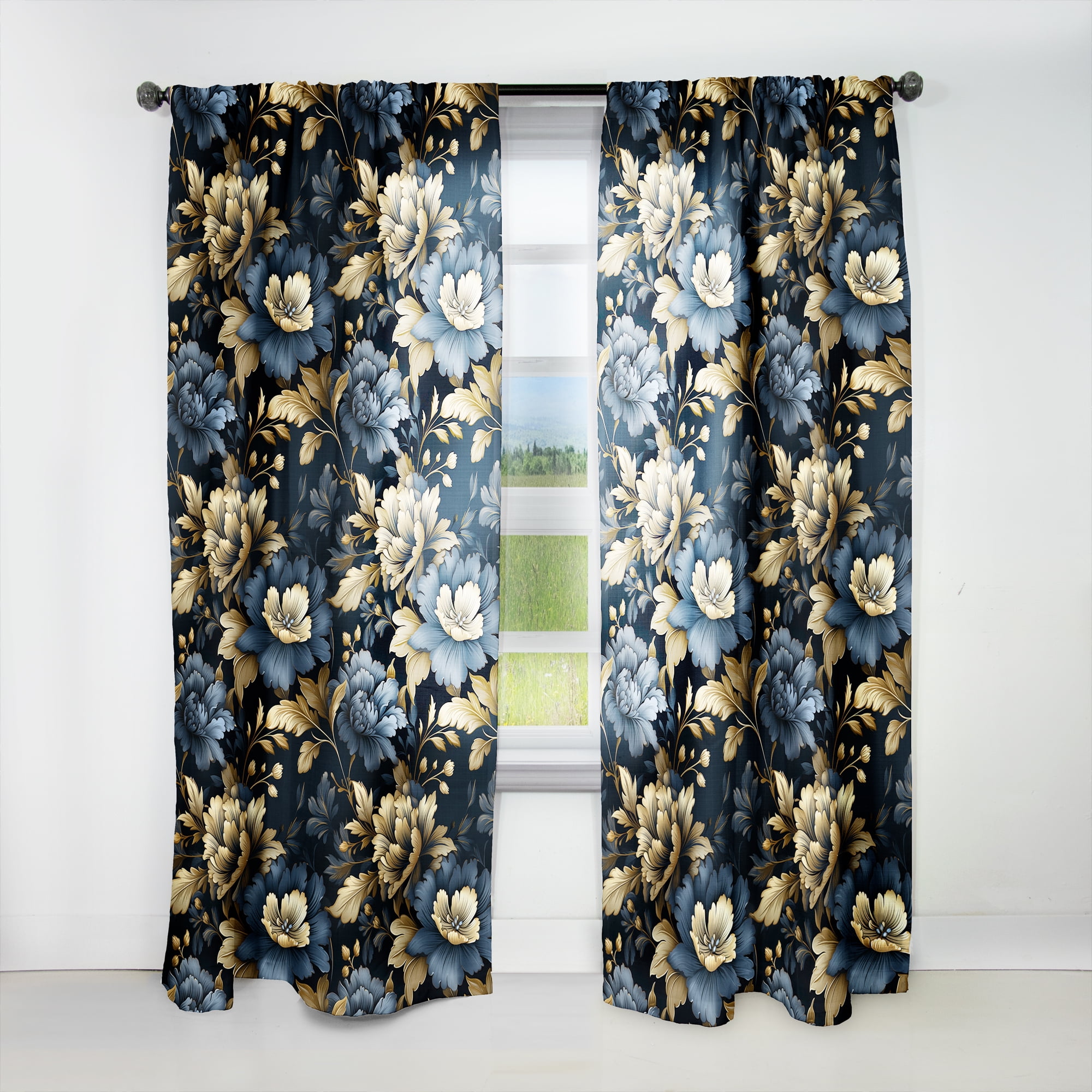 Designart "Opulent Navy Gold Damask V" Damask Room Darkening Curtain ...