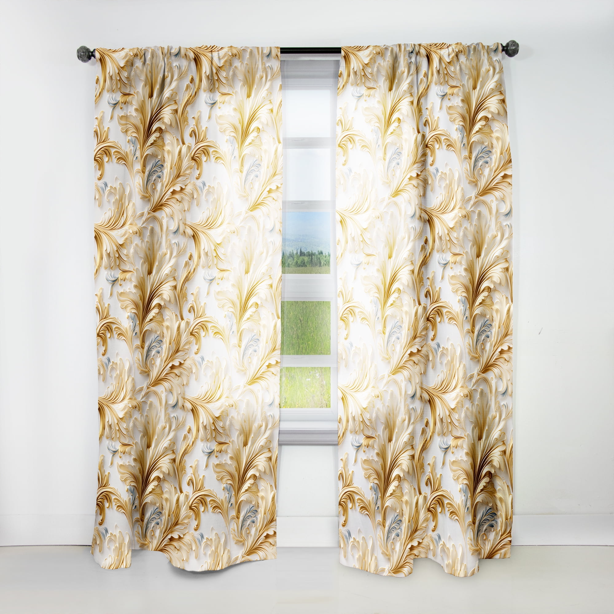 Designart "Opulent White Gold Damask" Damask Room Darkening Curtain ...