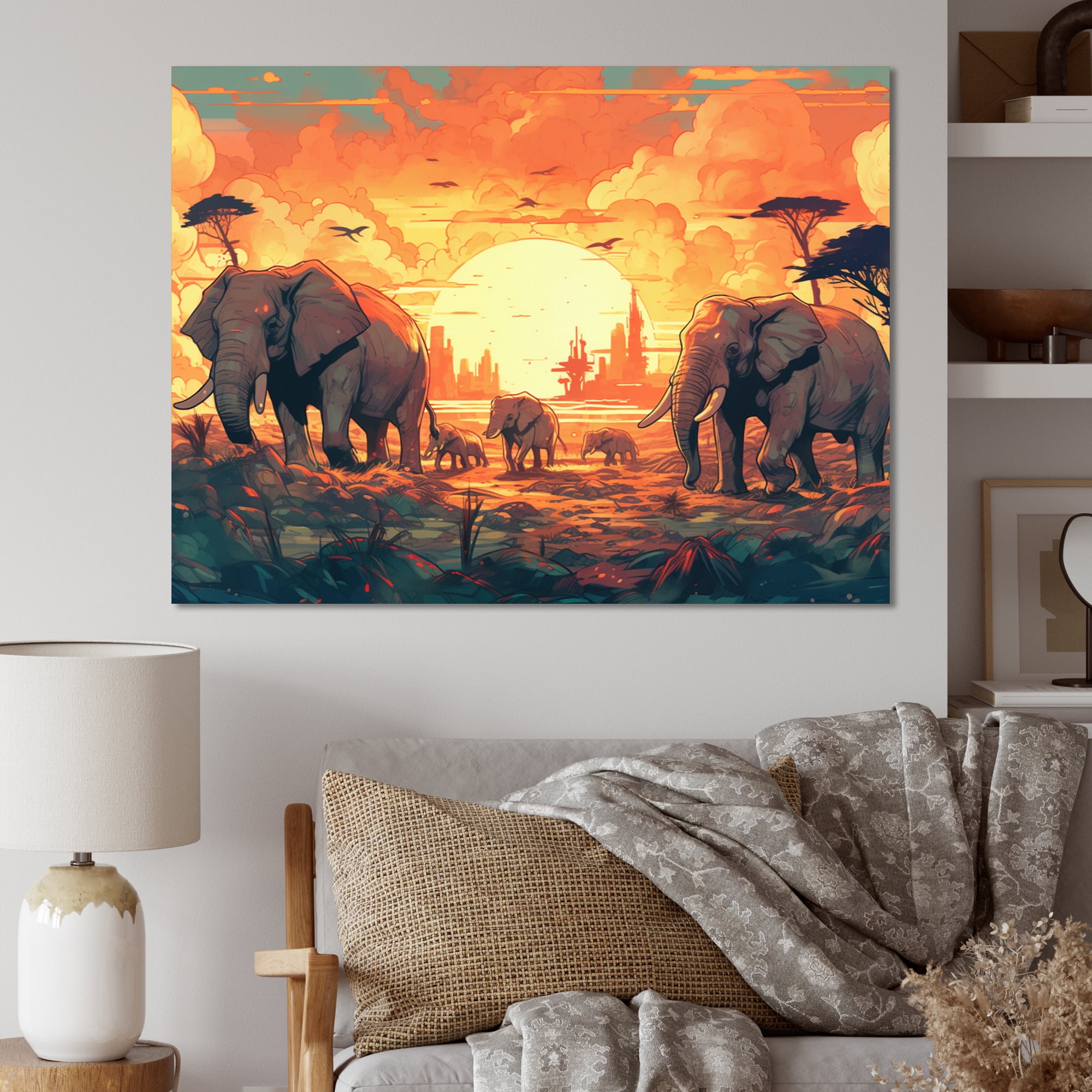 Designart "Orange African Safari With Elephants II" Animals Elephant ...
