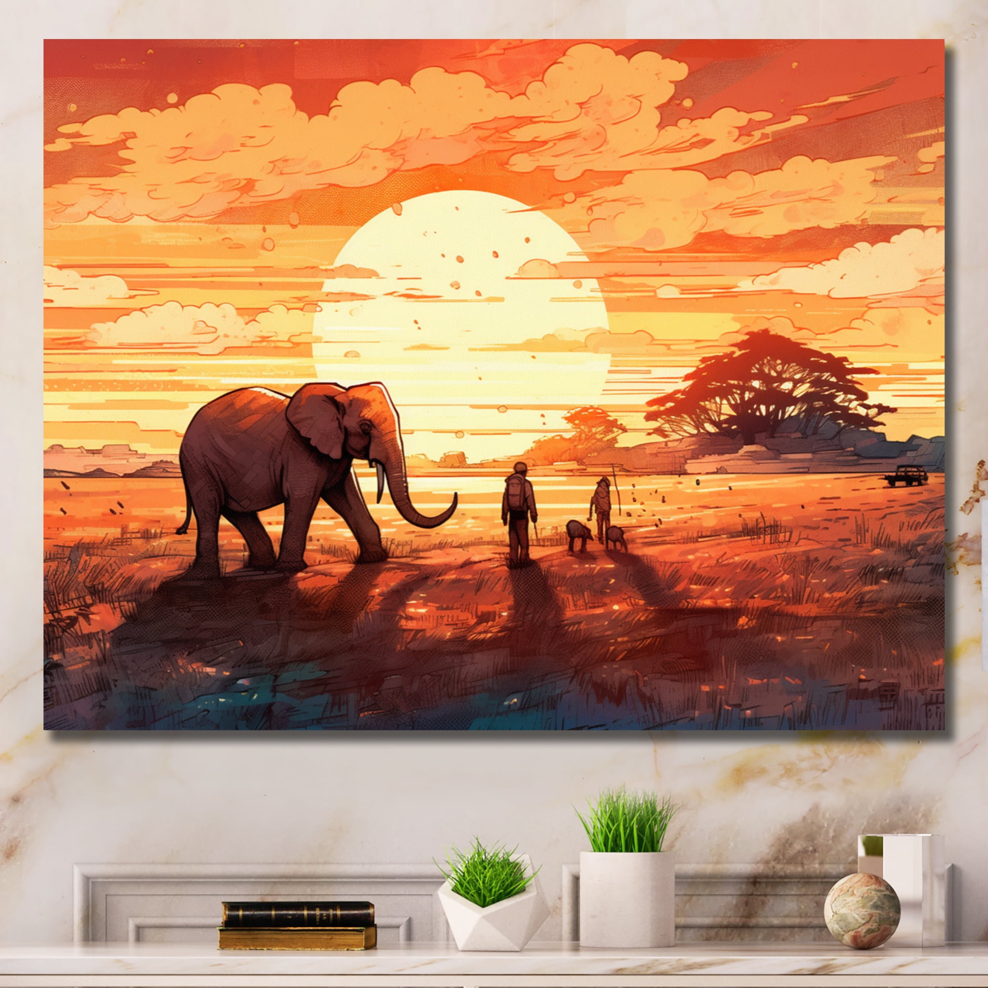 Designart "Orange African Safari With Elephants III" Animals Elephant ...