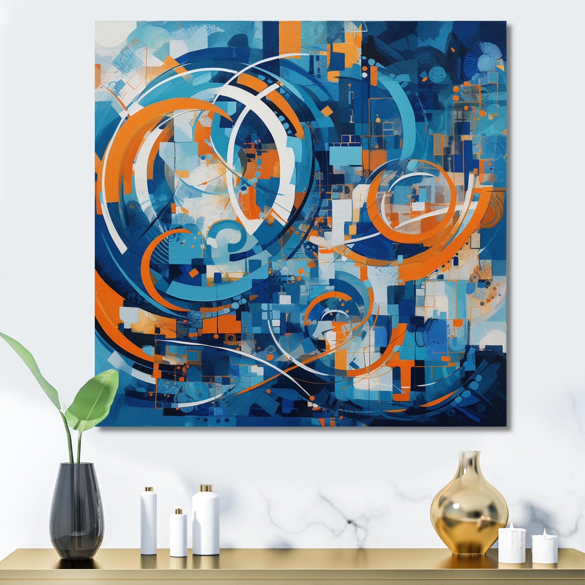 Designart "Orange And Blue Geometric Equilibrium V" Modern Geometric ...