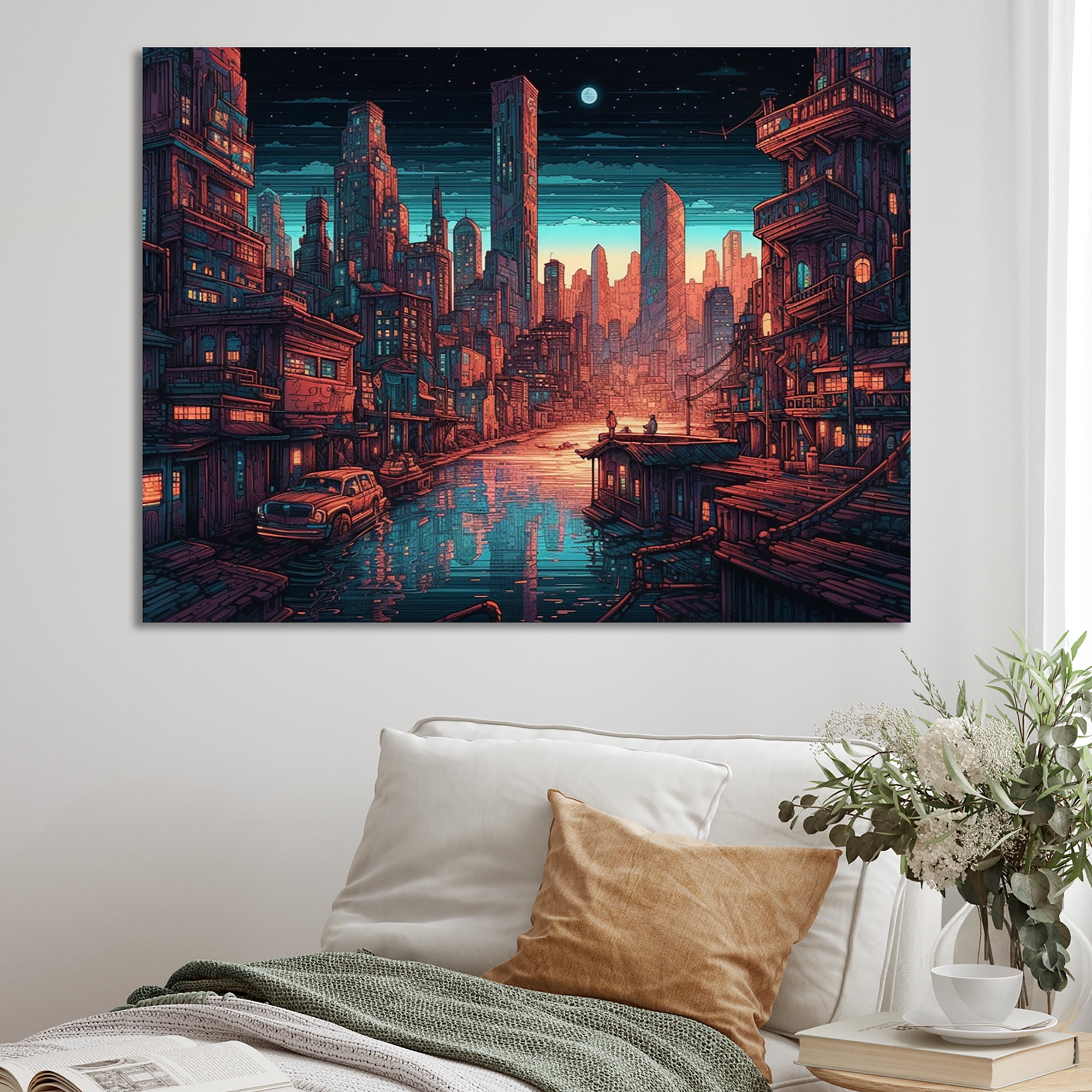 Designart "Orange And Blue Metropolis Deco" City Art Deco Wall Decor ...