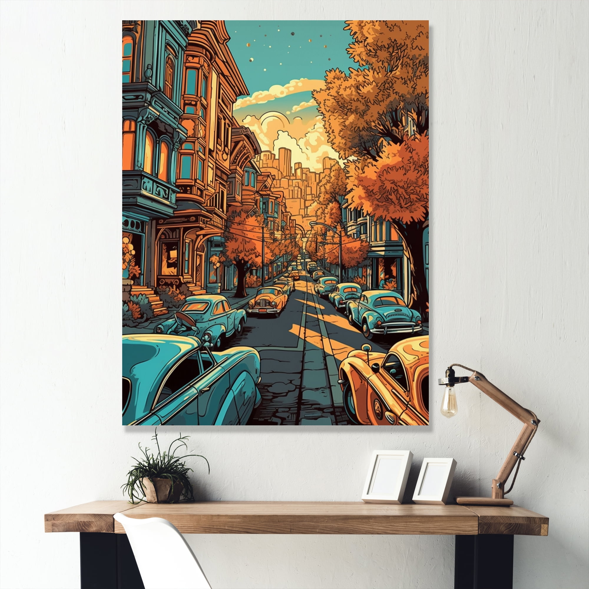 Designart "Orange And Blue Parked Vintage Cars IV" City Art Deco Wall ...