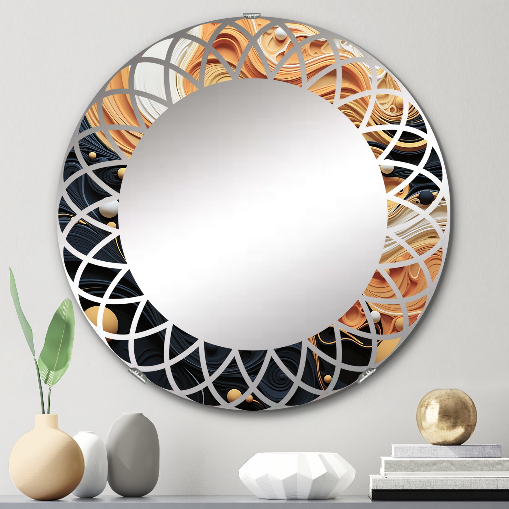 Designart "Orange Black Minimalism Flowing euphony" Minimalism Round ...