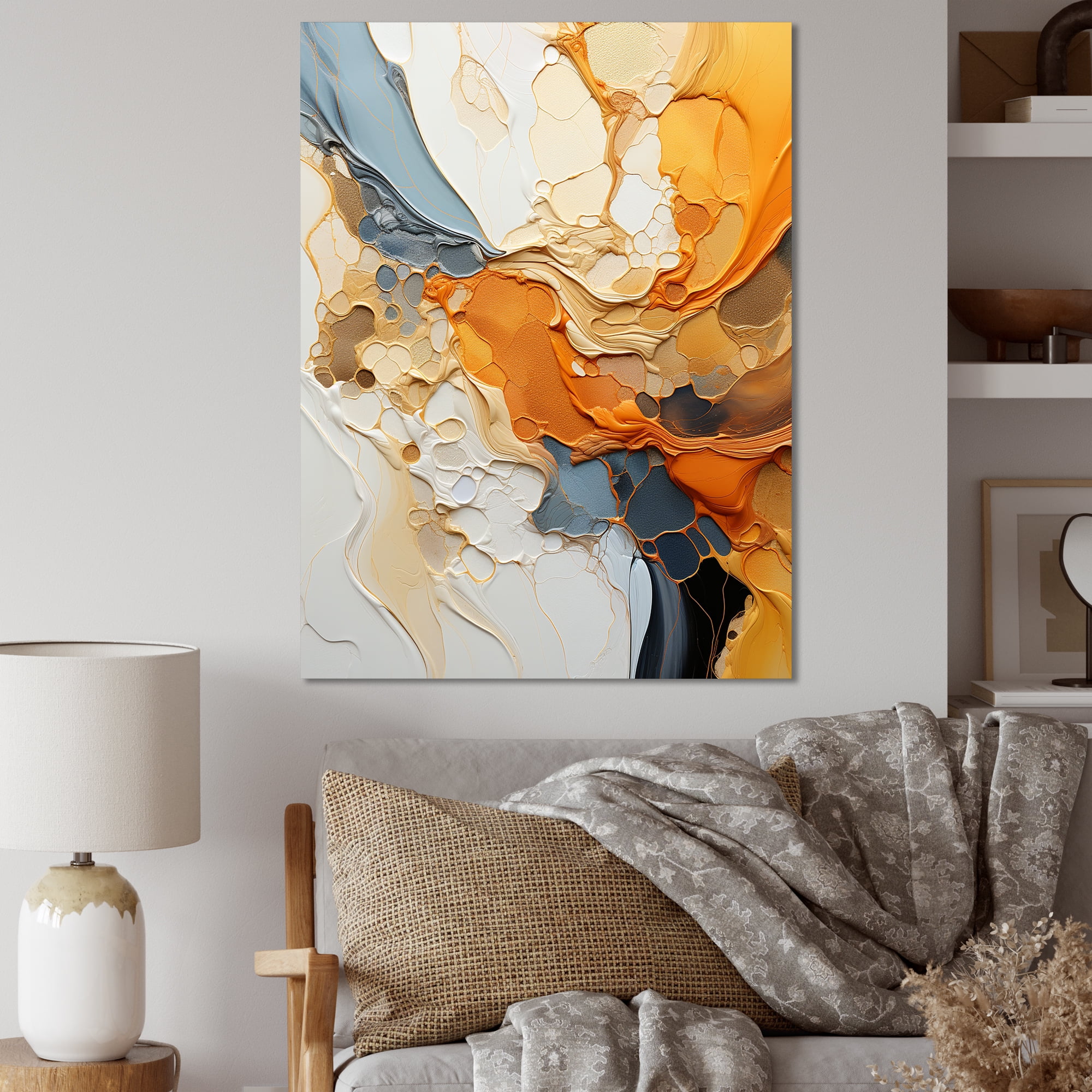 Designart "Orange Blue Line Art modern Expressionism" Abstract Canvas ...