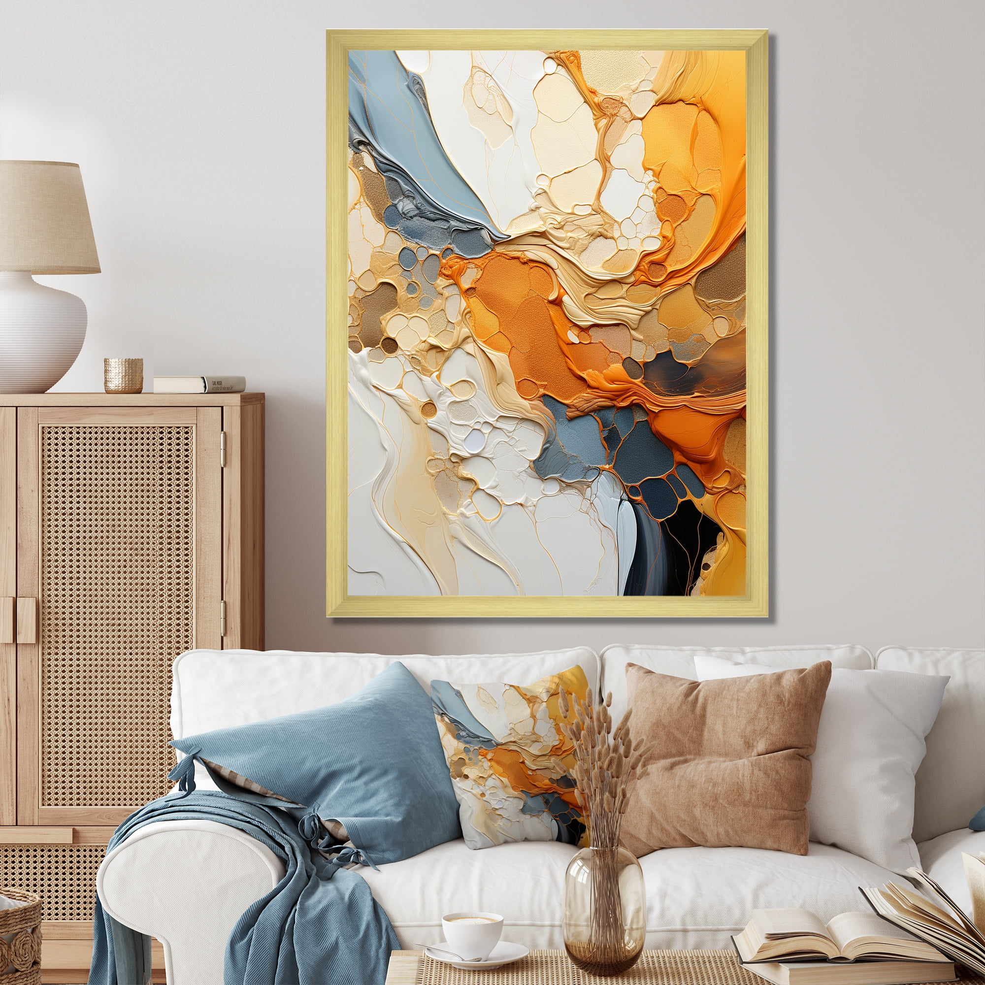 Designart "Orange Blue Line Art modern Expressionism" Abstract Floater Framed Canvas Wall Art ...