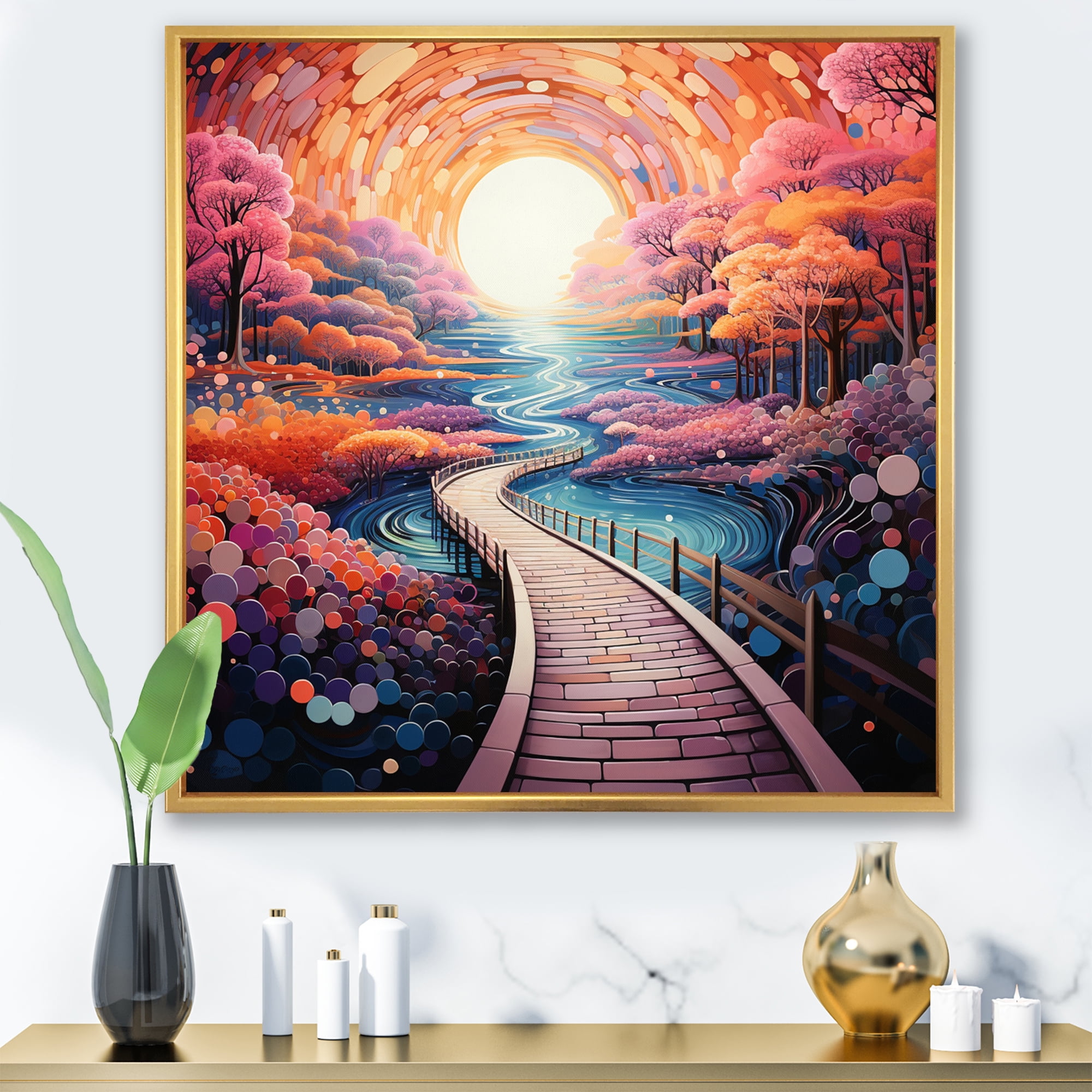 Designart "Orange Bridge Dreamy Passage painting" Pointillism Floater ...
