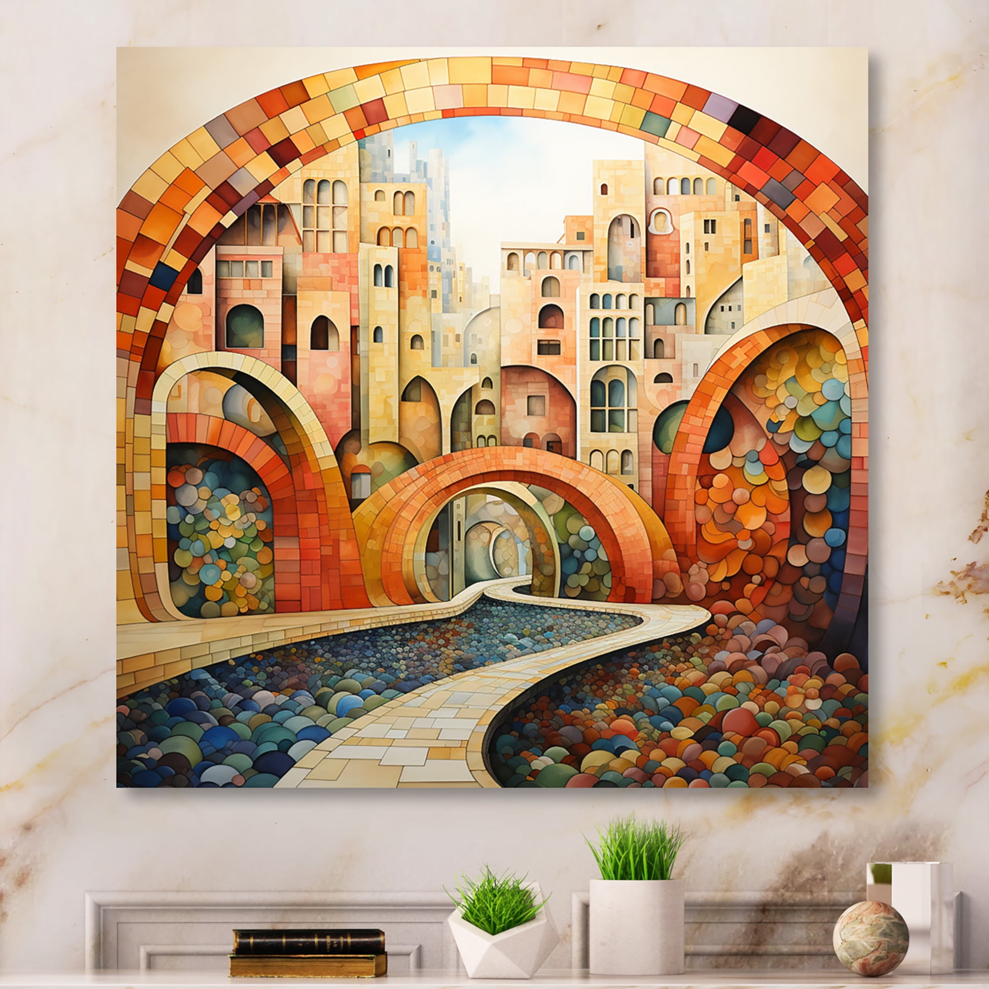Designart "Orange Bridge Dynamic Archways Painting I" Pointillism Wall ...