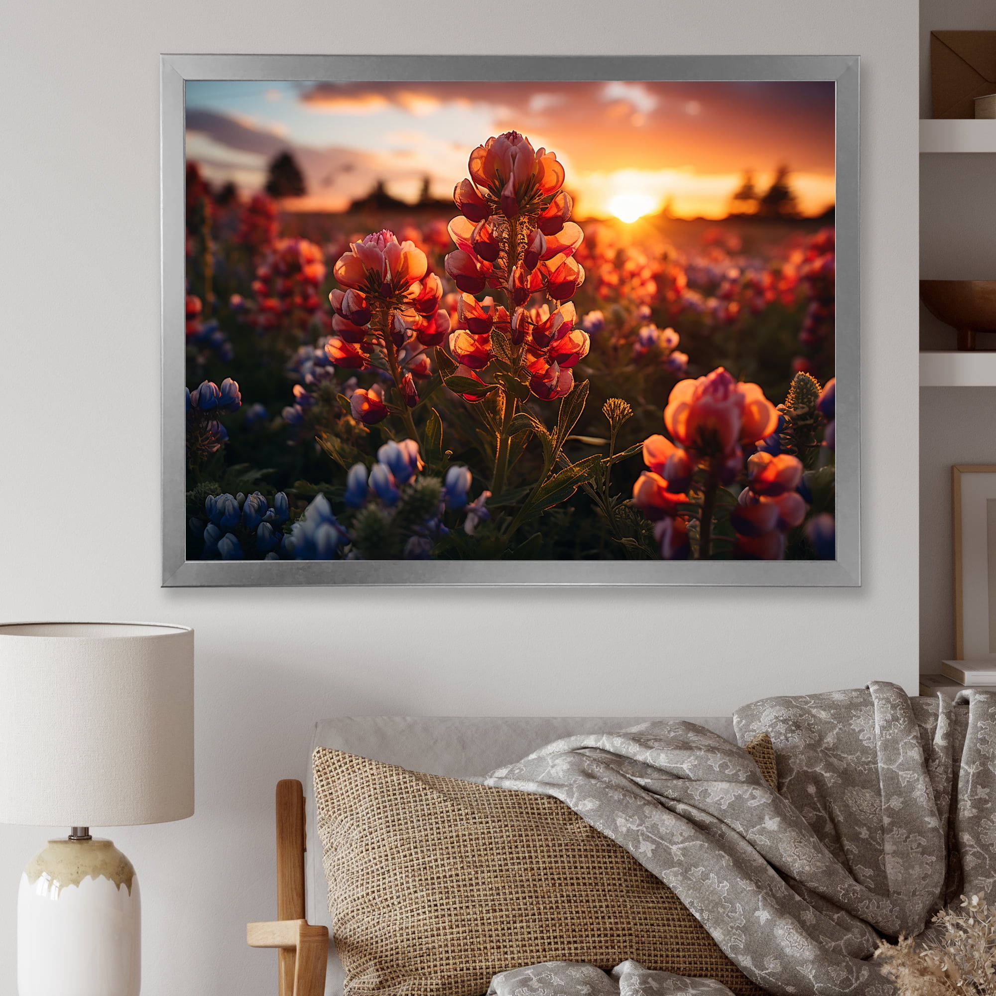 Designart "Orange Dusk Red Bonnets Field" Blue Bonnets Picture Framed ...