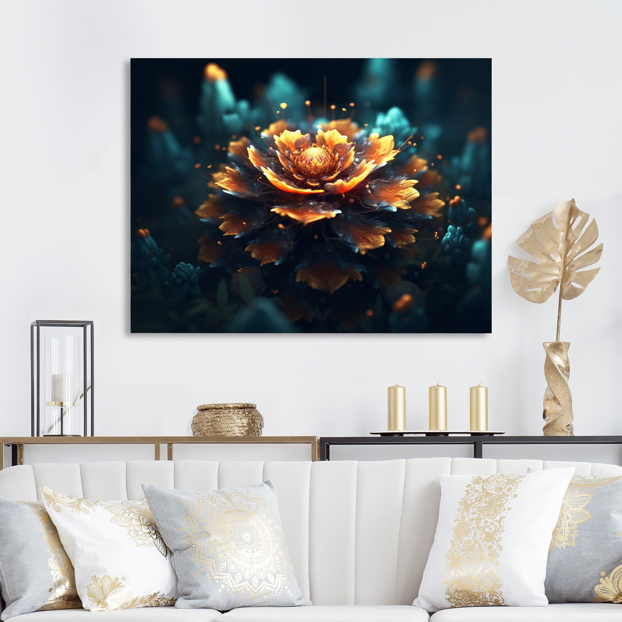 Designart "Orange Sacred Lotus Floral Bloom III" Floral Lotus Wall ...