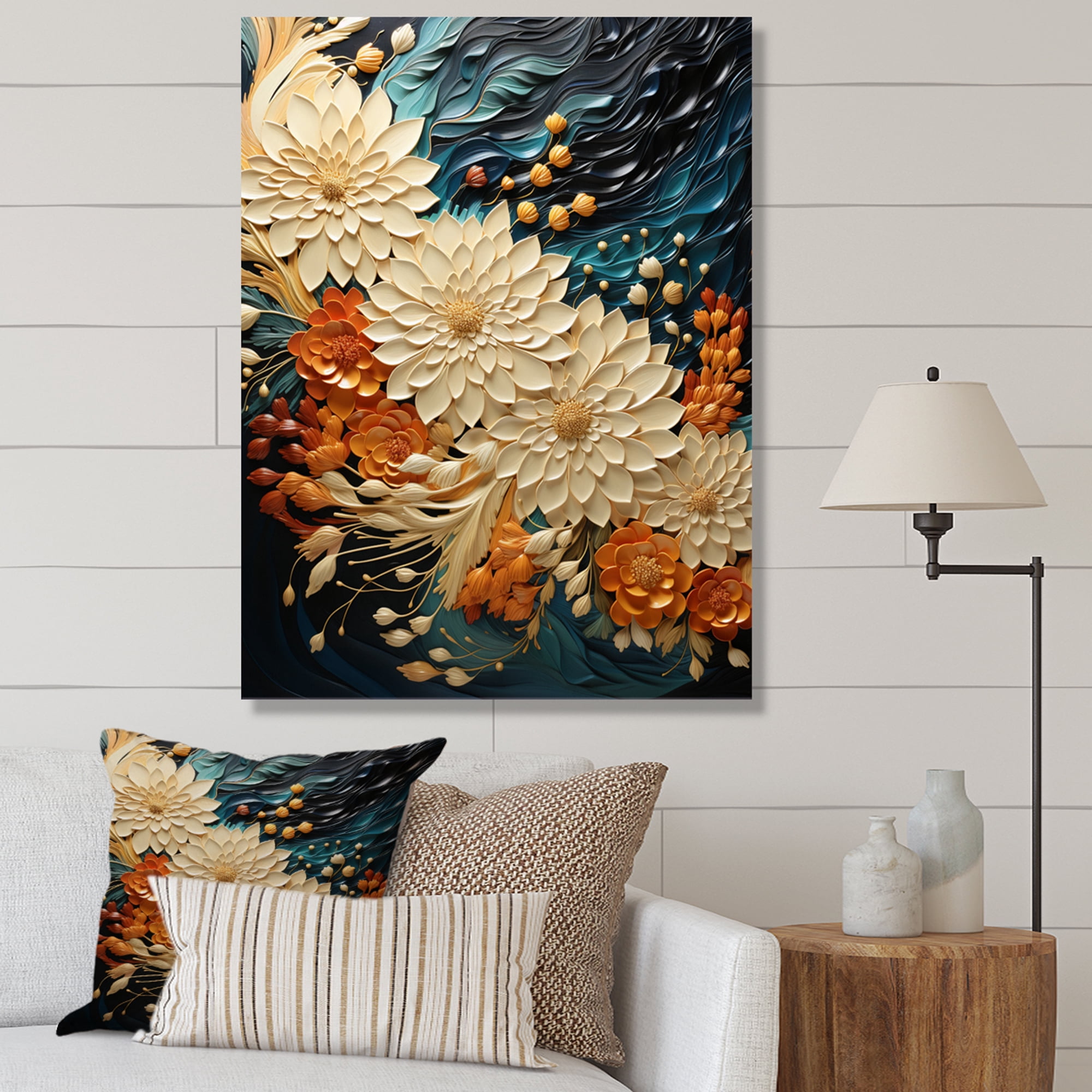 Designart "Orange Teal botanic Whirlwind III" Abstract Wall Art Living ...