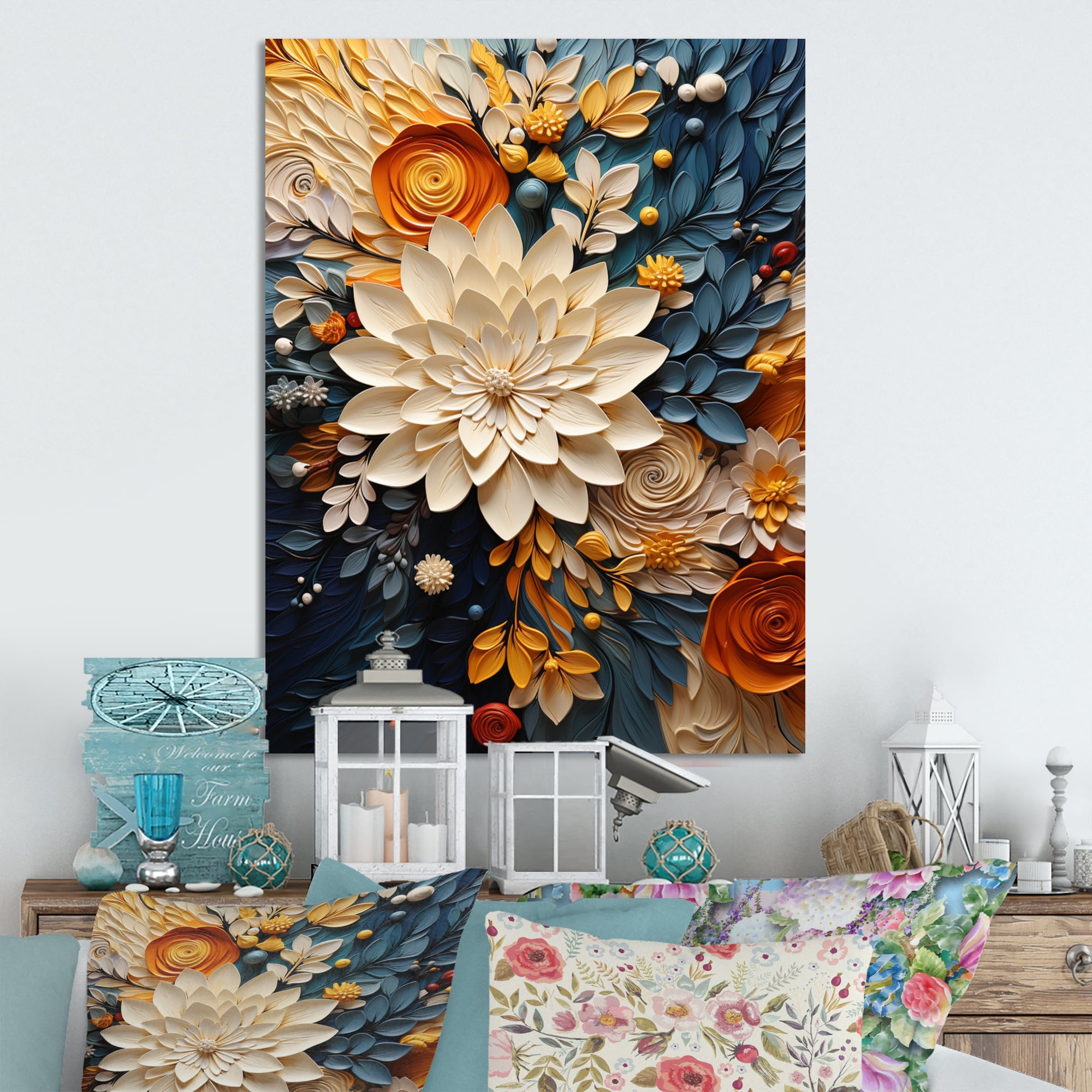 Designart "Orange Teal botanic Whirlwind IV" Abstract Metal Art Living ...