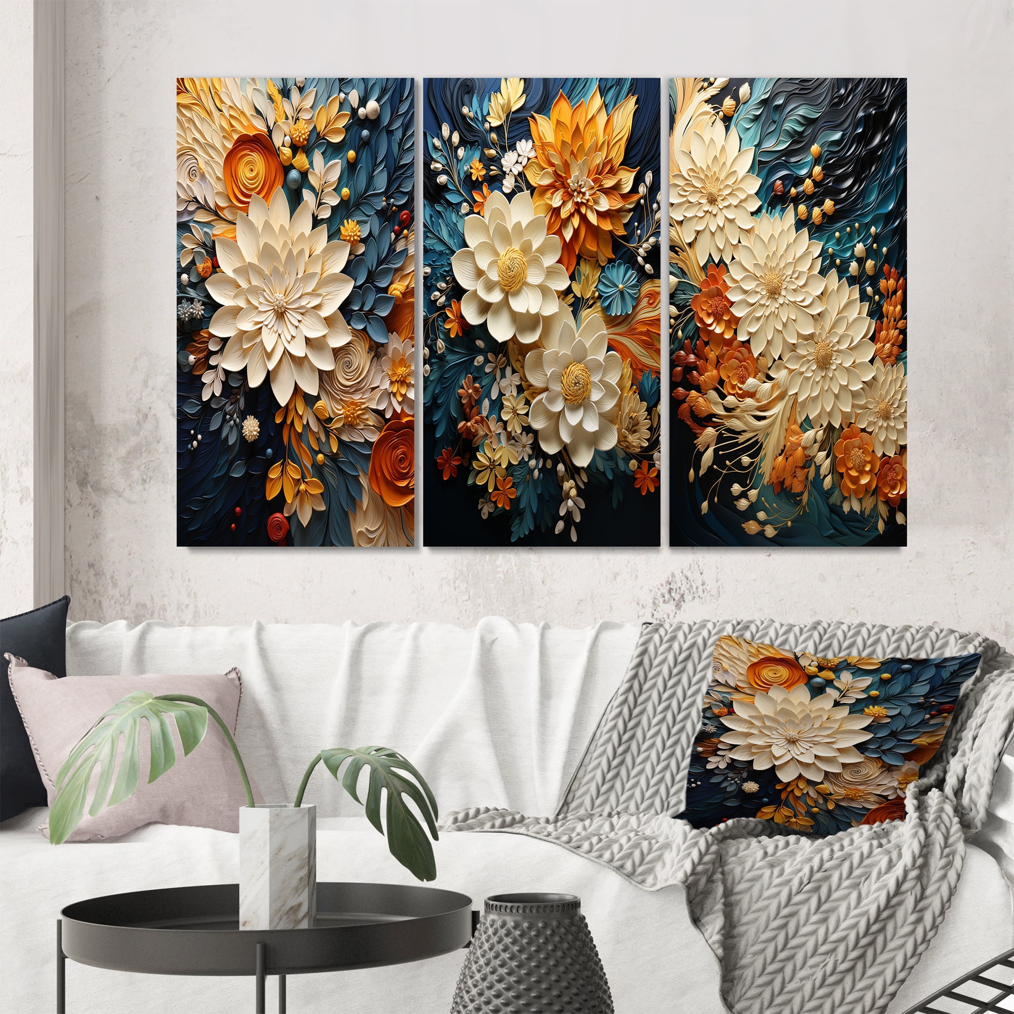 Designart "Orange Teal botanic Whirlwind IV" Abstract Wall Art Set Of 3 ...