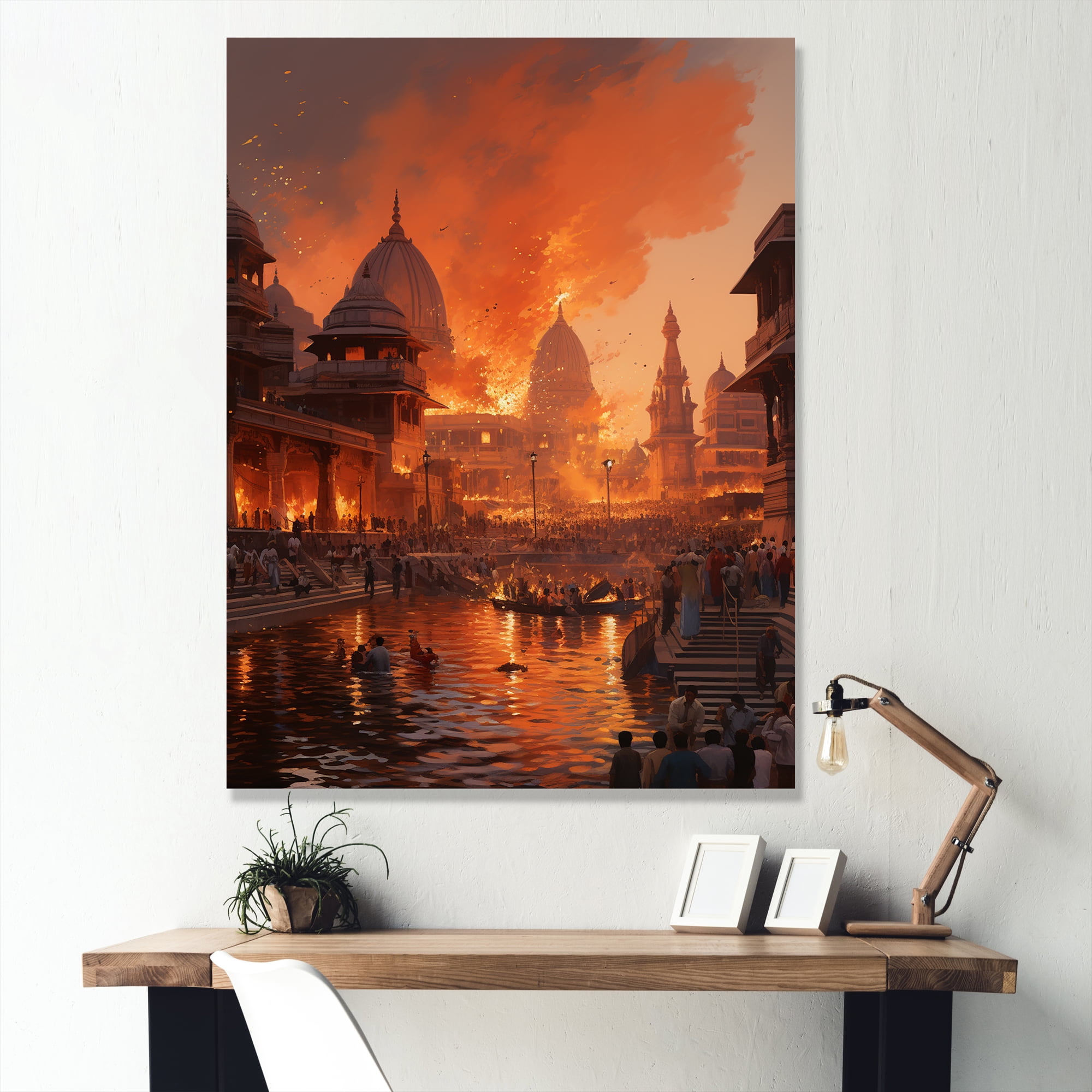 Designart "Orange Varanasi Ghats in Indian Art" People Canvas Wall Art ...