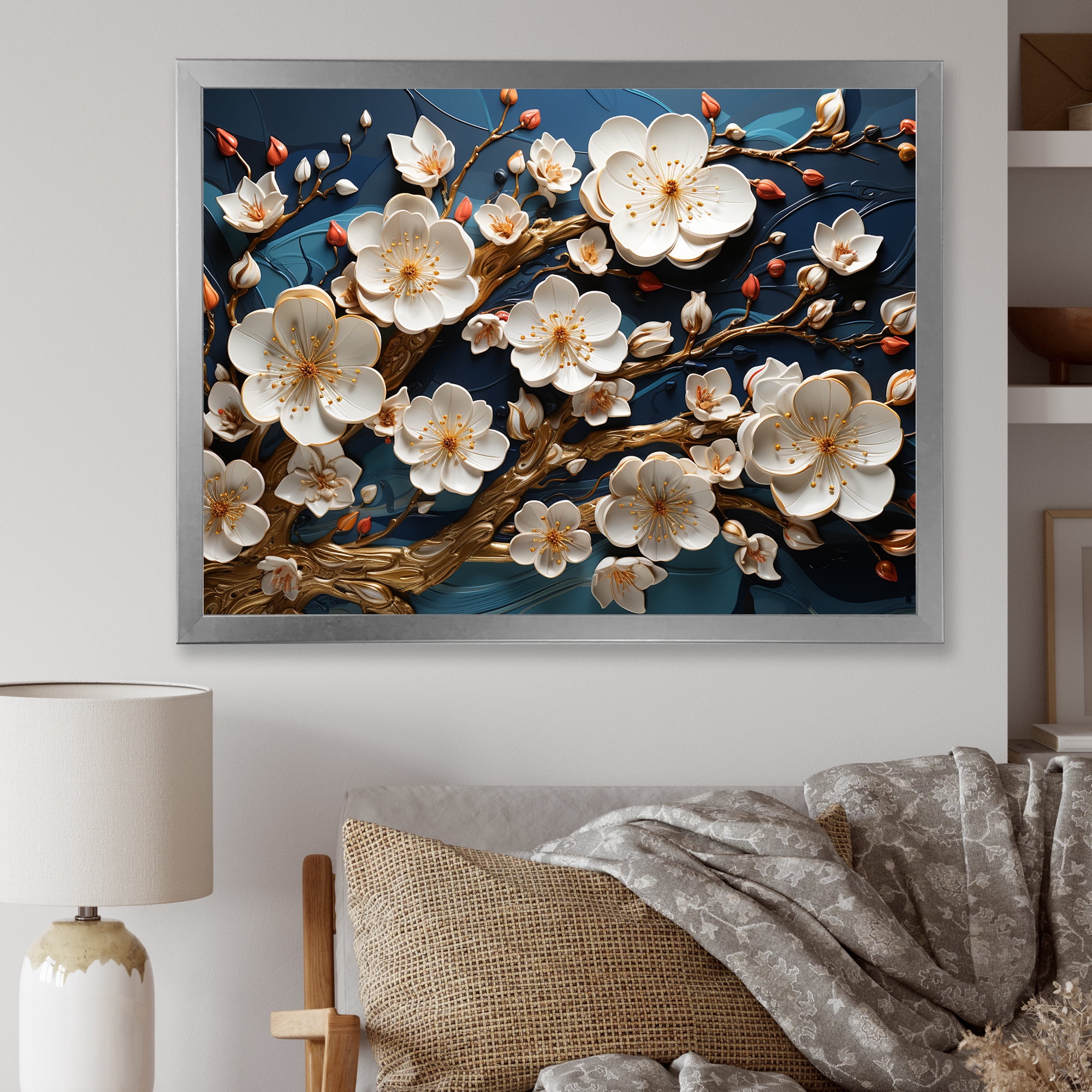 Designart "Orchid Elegance Golden, White, and Blue Blossoms III" Floral ...