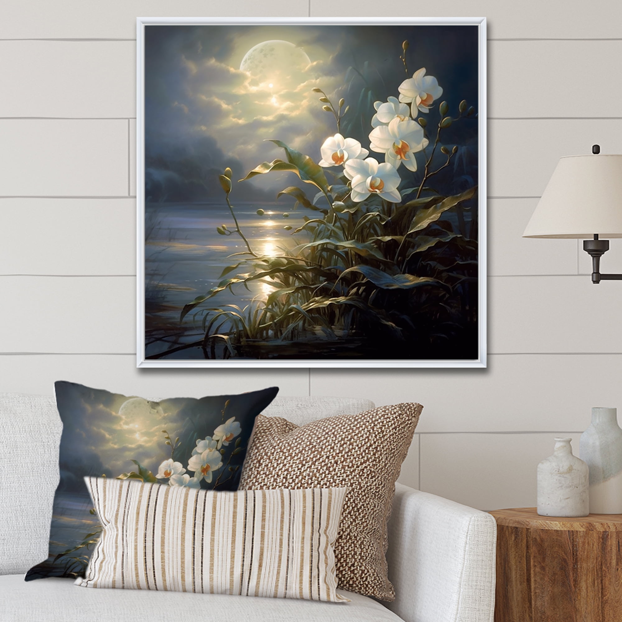 Designart "Orchids In Moonlit Waterscape I" Orchids Floater Framed Wall ...