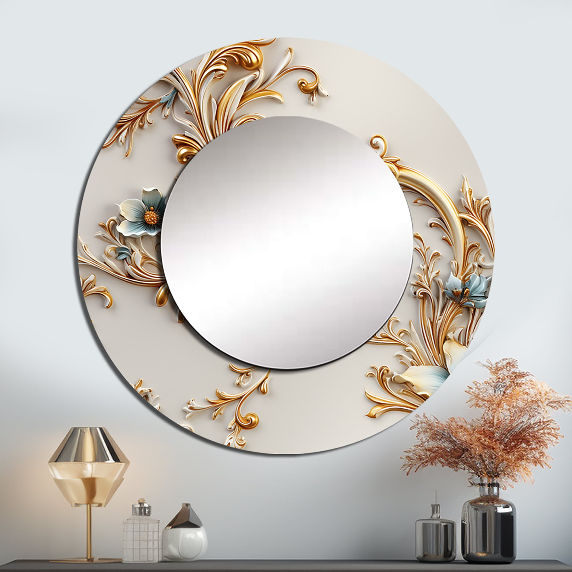 Designart "Ornamental Corners Of Yesteryear I" Damask Rund Mirror For ...