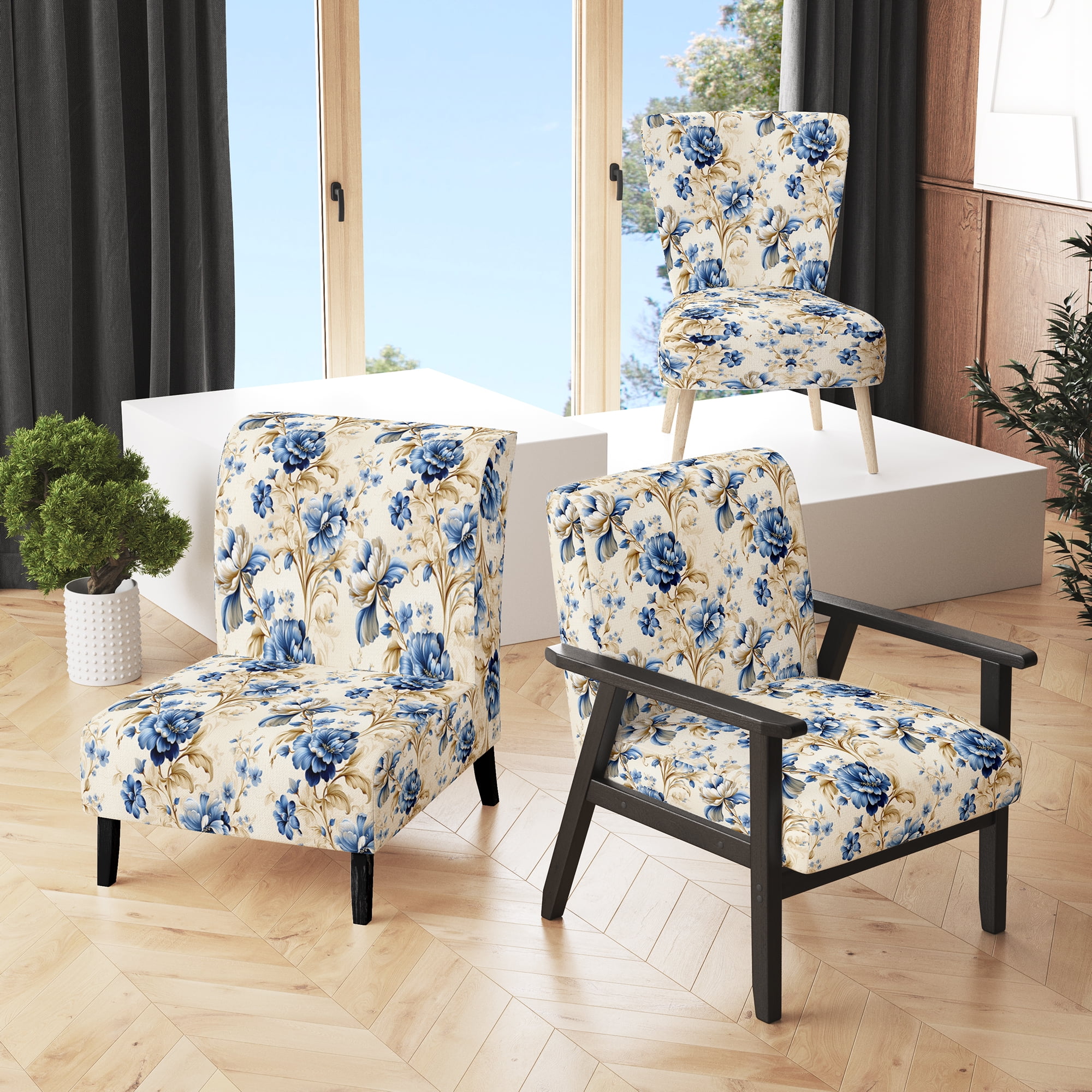 Designart "Ornate Corners Of Cobalt Blue I" Blue Floral Upholstered ...