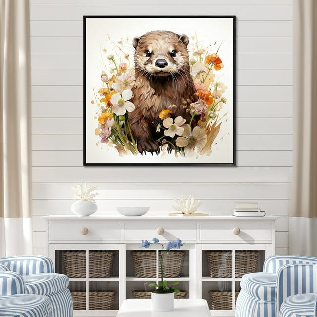 Designart "Otter in Blooming Meadow II" Animals Framed Wall Art - Brown ...