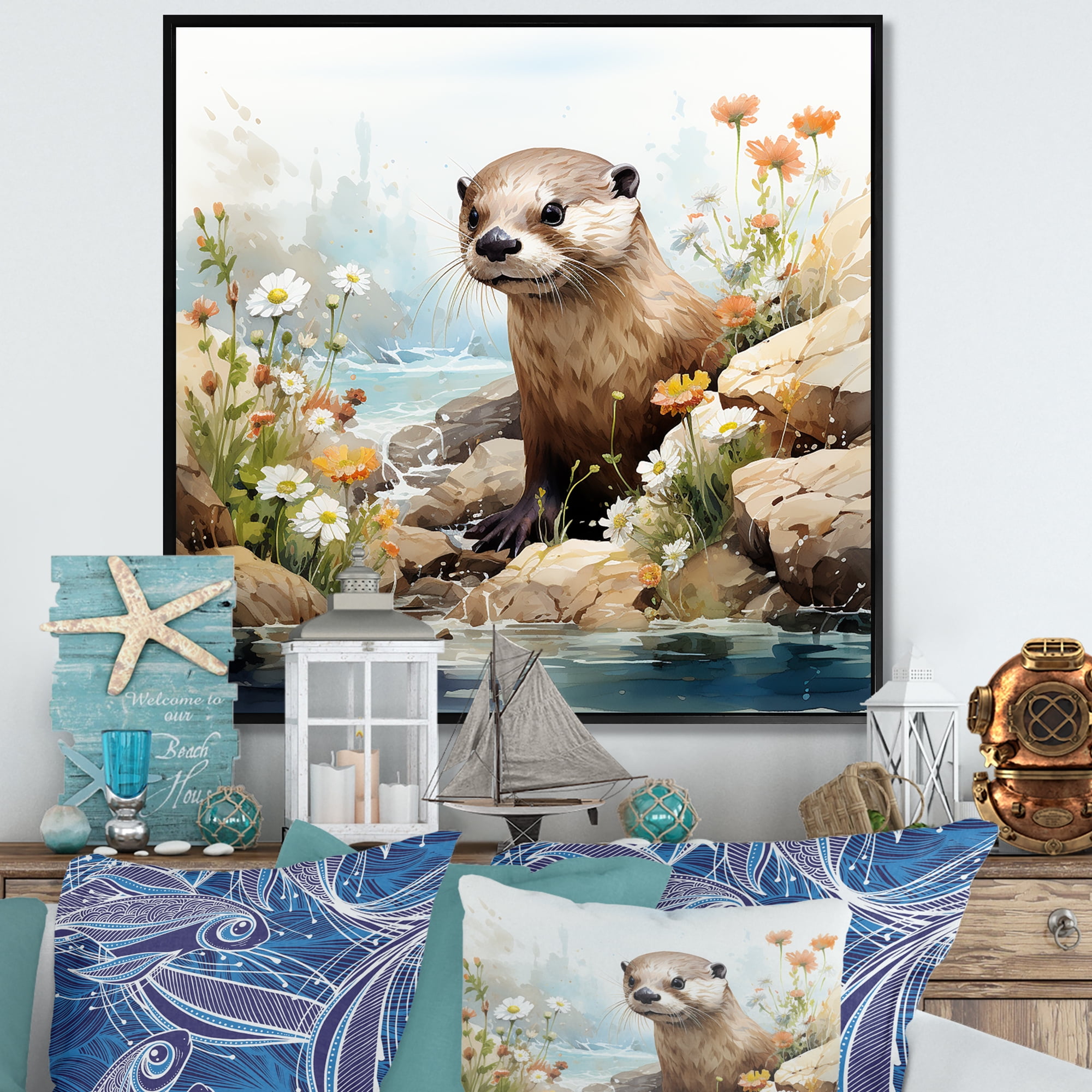 Designart "Otter in Blooming Meadow III" Animals Framed Wall Art ...