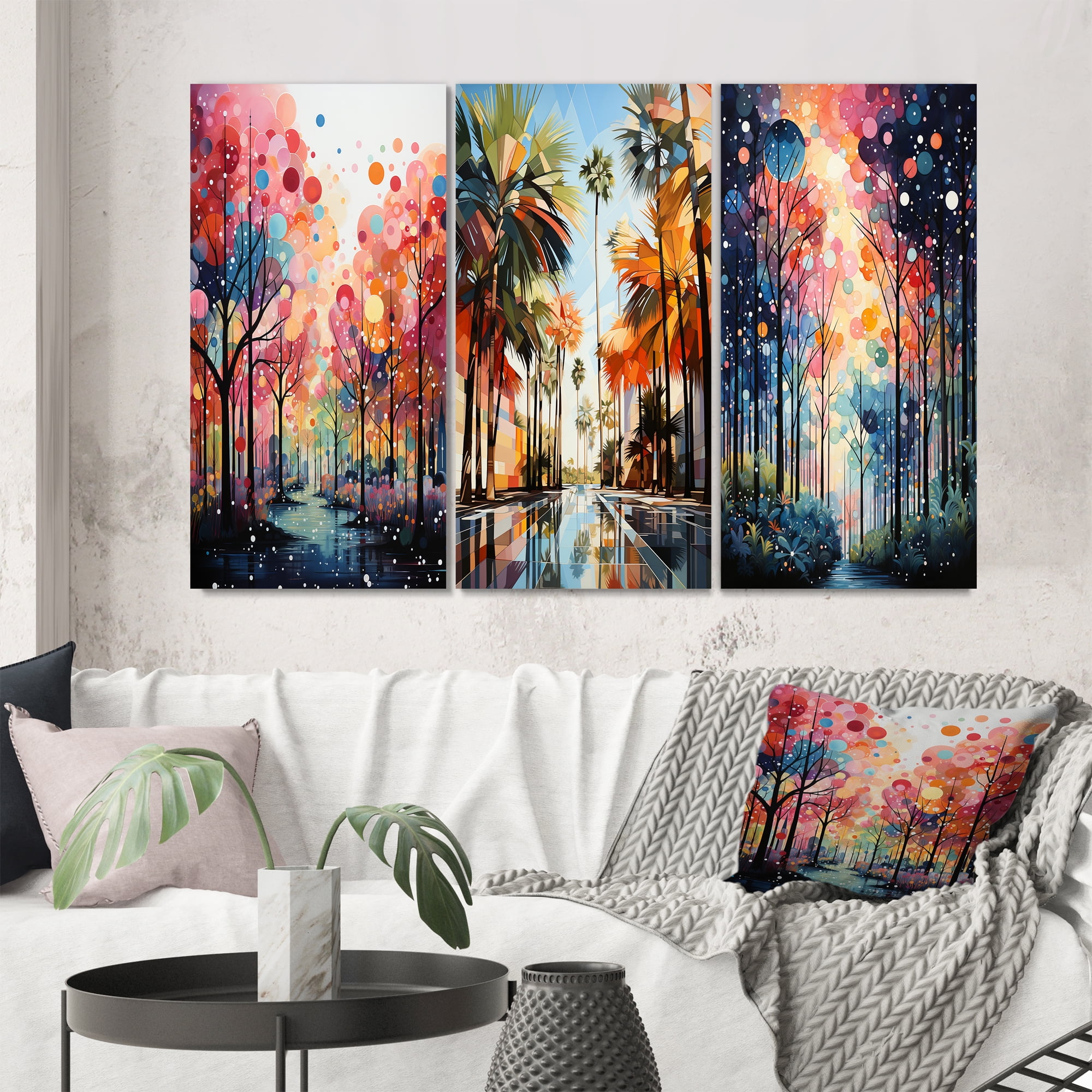 Designart "Palm Trees Midcentury composition II" Floral Wall Art Set Of ...