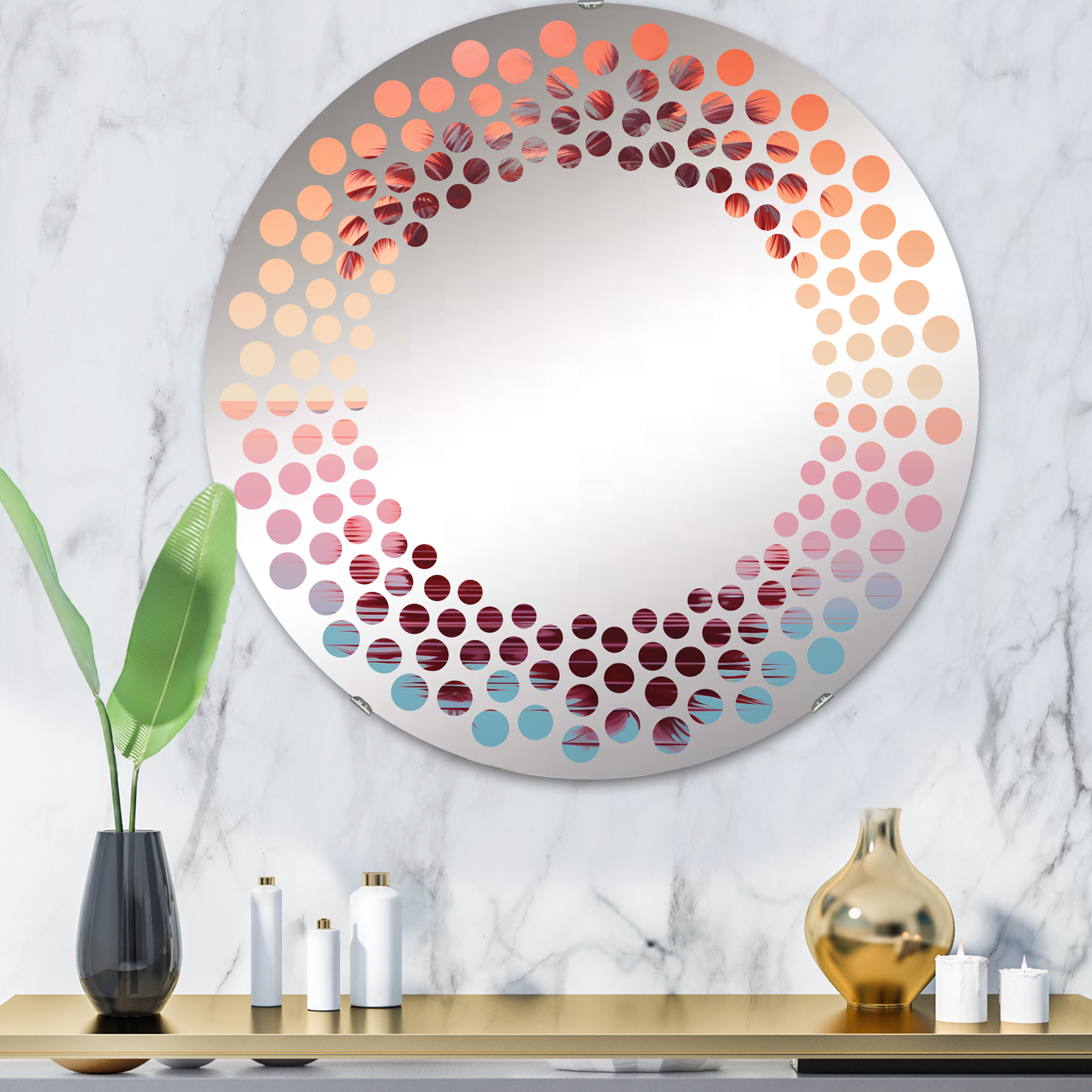 Designart "Palm Trees by the Shore with Ruby Reflections I" Palms & Palm Trees Polka Dot Round ...