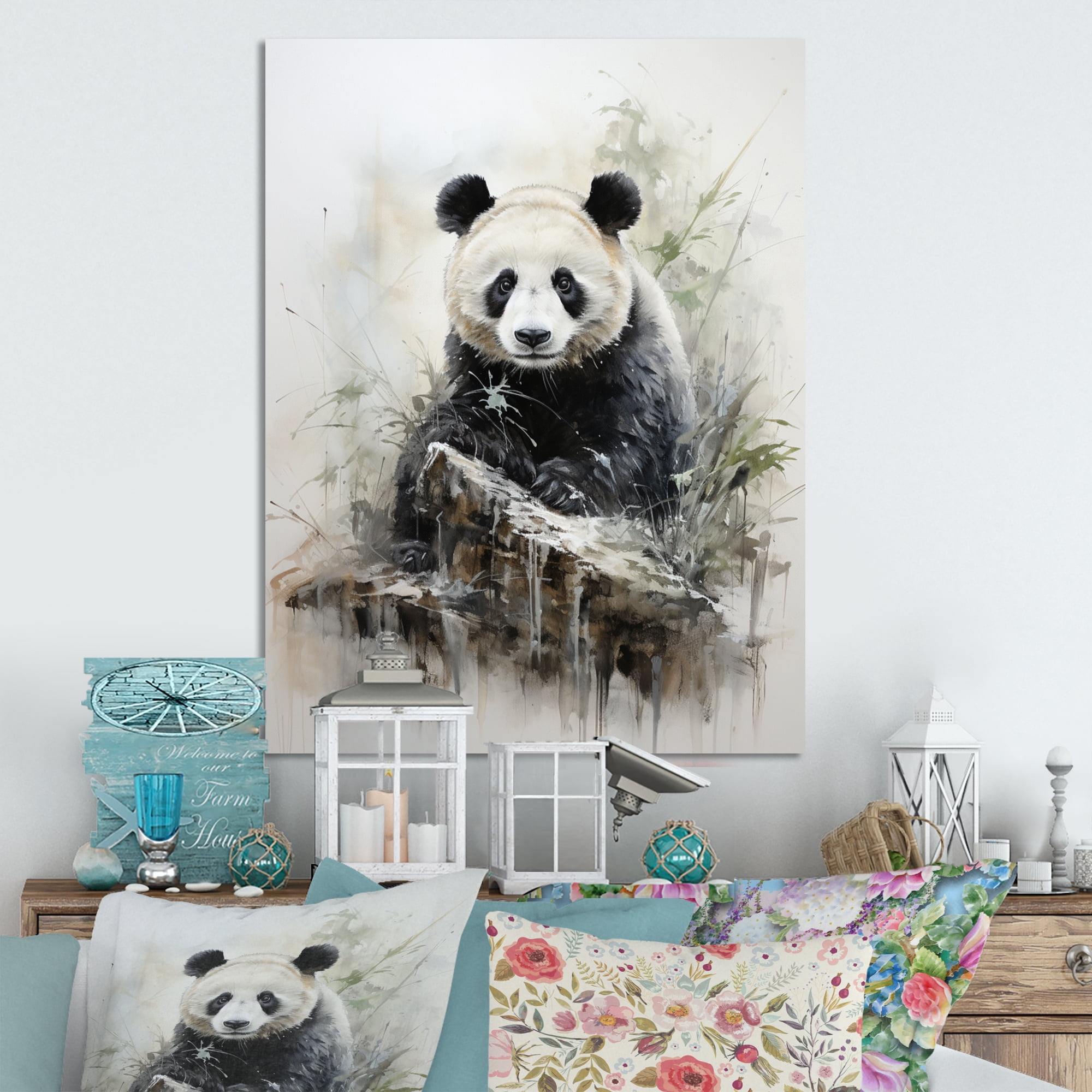 Designart "Panda Animal Asian Painting I" Asian Metal Art Living Room ...