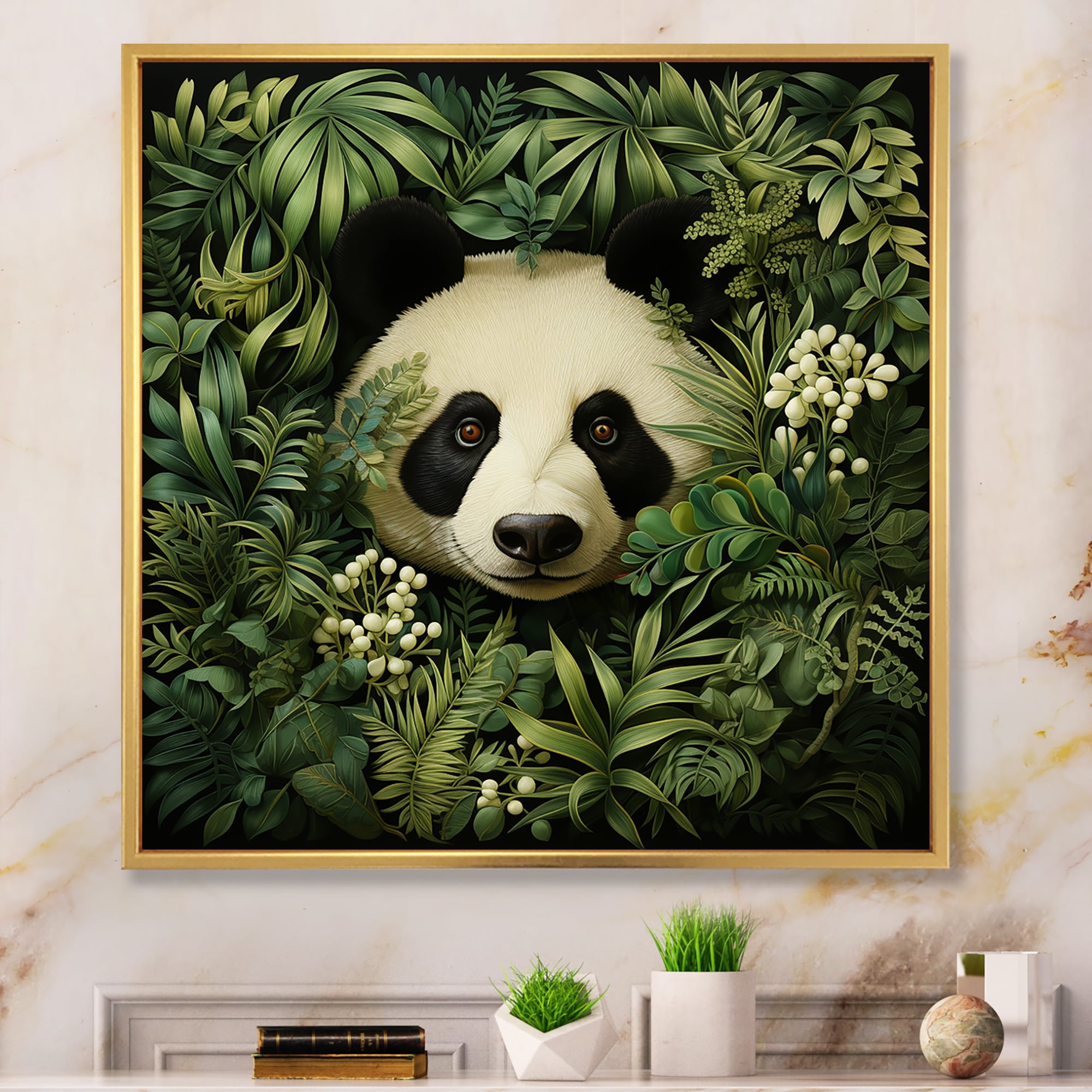 Designart "Panda in Bamboo Foliage Hideaway I" Animals Framed Wall Art ...